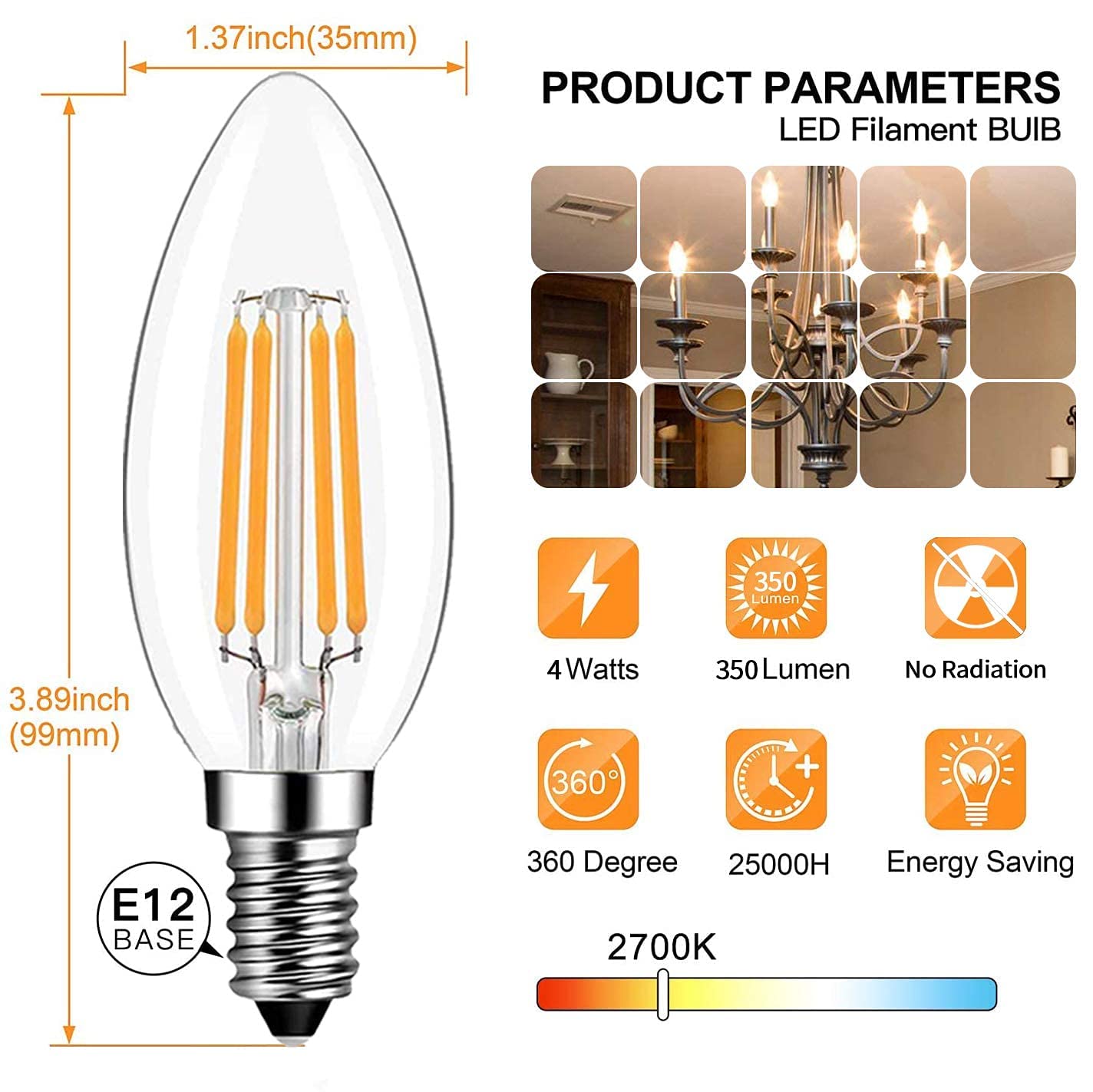 LEDERA Edison Bulb, 4W Equivalent 40 W, E12 Base Candelabra Candle Light Bulbs, Warm White 2700K, Filament Clear Glass Candle Lamp for Ceiling Fan, Non-Dimmable, Pack of 12