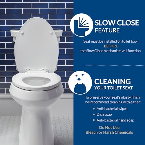 MAYFAIR 1880SLOW 000 Caswell Toilet Seat will Slowly Close and Never Loosen, ELONGATED, Long Lasting Plastic, White