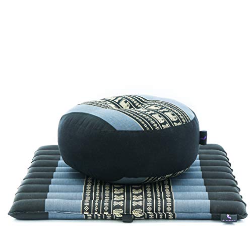 Leewadee Meditation Cushion Set β 1 Small Zafu Yoga Pillow and 1 Small Roll-Up Zabuton Mat Filled with Kapok, Blue
