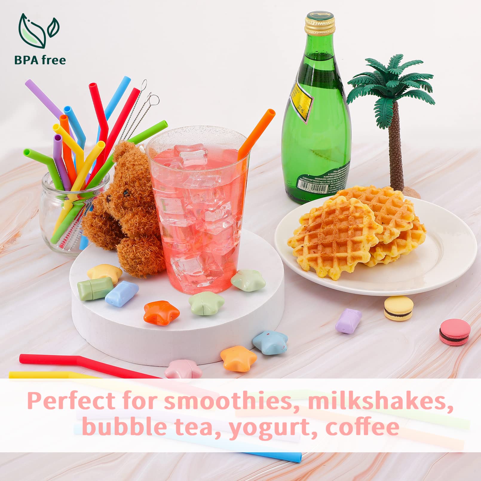 RAIBEATTY Reusable Silicone Straws,18Pcs Silicone Drinking Straws,6.7" Flexible Short Drink,BPA Free Silicone Straw for 6-12 oz Tumblers & 3 Cleaning Brush,No Rubber Taste,6 Colors