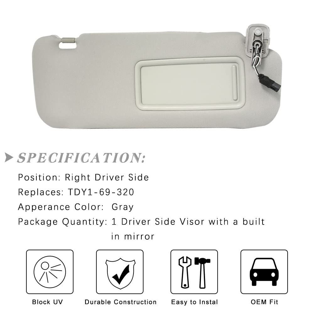 Left Driver Side Sun Visor Replacement for Mazda CX-9 2010 2011 2012 2013 2014 2015 Replaces # TDY1-69-320 (Grey)