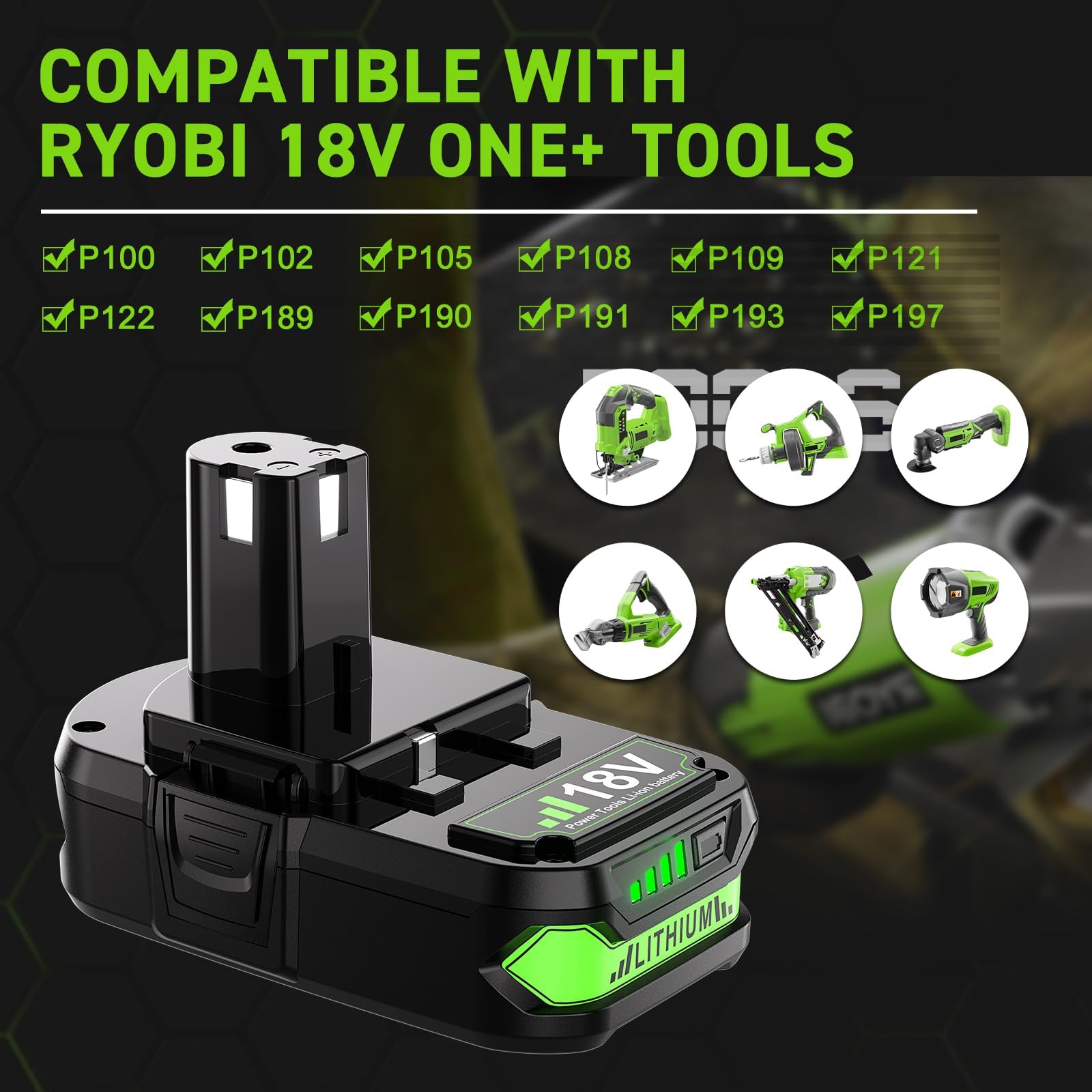 Upgraded Model 2Pack 3800mAh Replacement for Ryobi 18V Battery Lithium Compatible with Ryobi 18 Volt Battery ONE+ Plus P102 P103 P104 P105 P107 P108 P109 Cordless Power Tools
