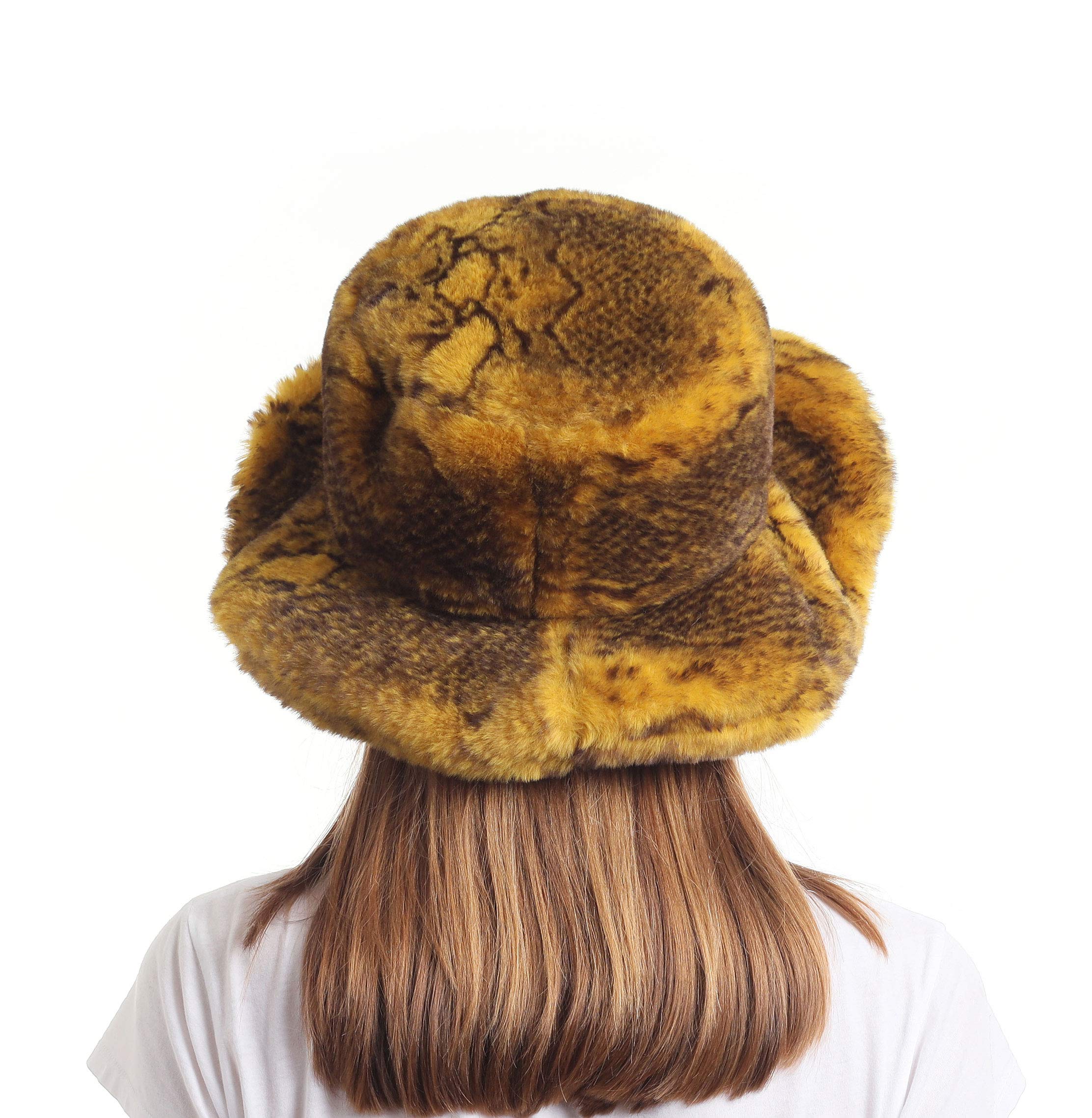 LA CARRIE Women's Snakeskin Print Faux Fur Bucket Hat Winter Warmer Fisherman Cap (Yellow)