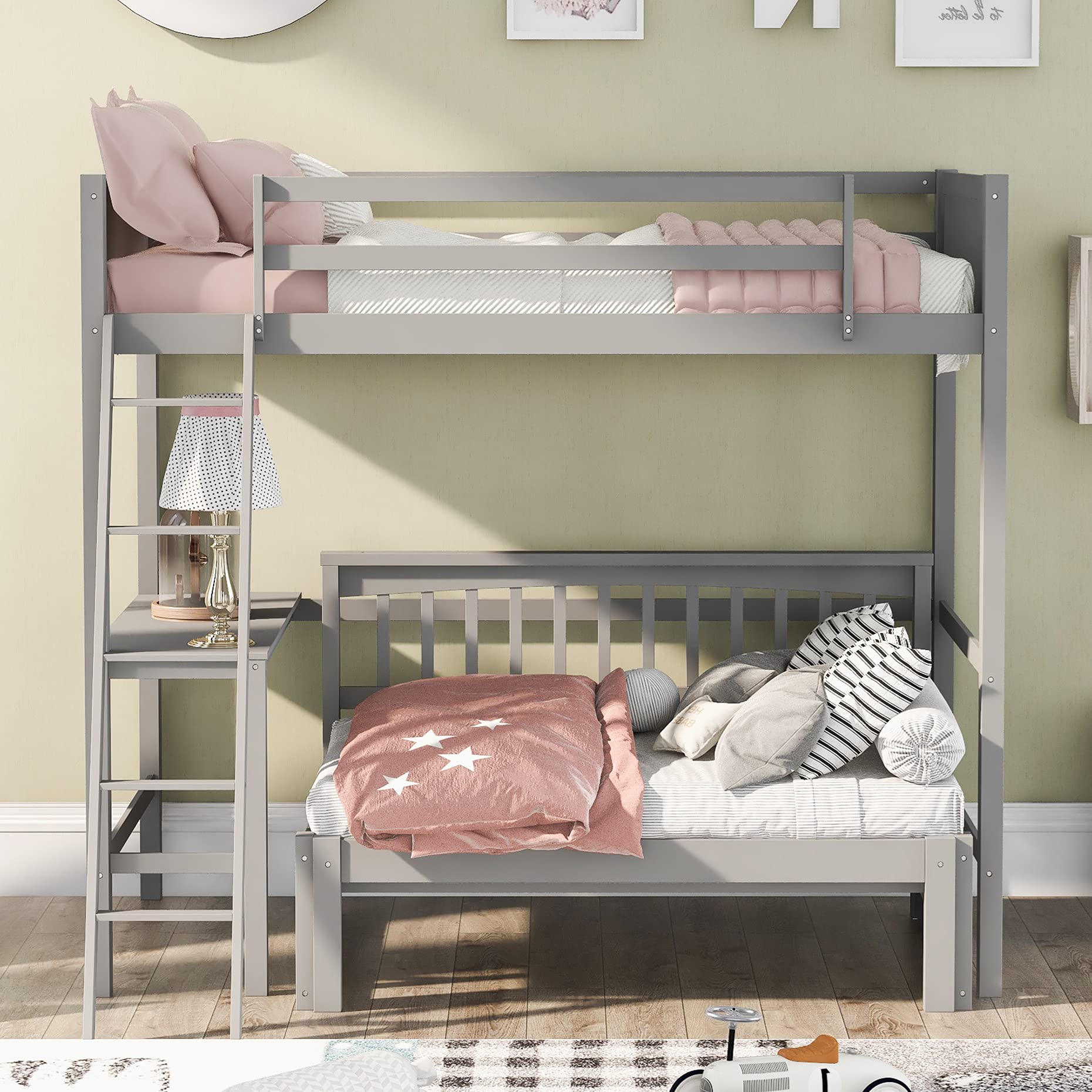 MERITLINE Twin Loft Bed with Convertible Lower Bed, Wood Kids Loft Bed with Desk, Twin over Full Bunk Bed with Ladder,No Box Spring Needed,Grey