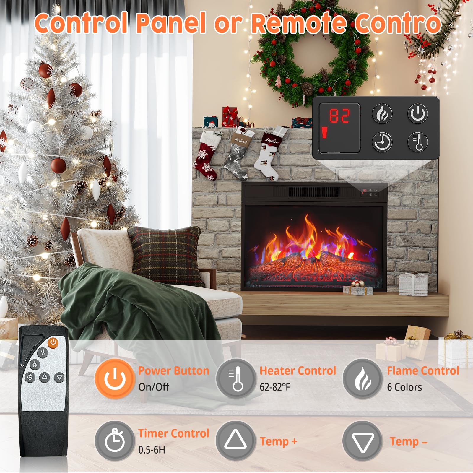 LALAHOO 23” Electric Fireplace Inserts,Recessed or Freestanding Electric Fireplace Heater with 6 Flame Colors,Wall Mounted Fireplace Heaters for Indoor Use,Remote Control & 6H Timer,Black