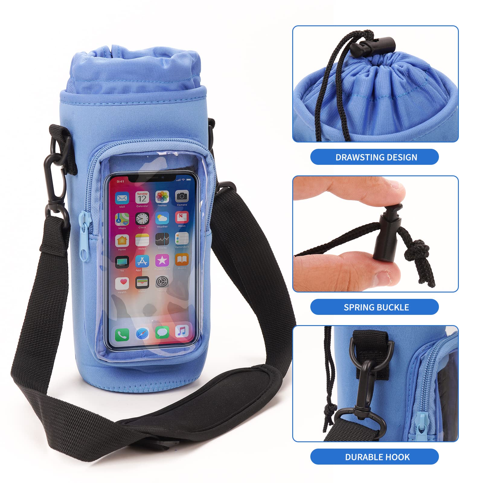 Nunwiza Water Bottle Carrier Bag with Adjustable Shoulder, Touch Sensitive Supported Water Bottle Sling Holder for Walking Outdoor Hiking Travelling Camping Under 40oz(Black)