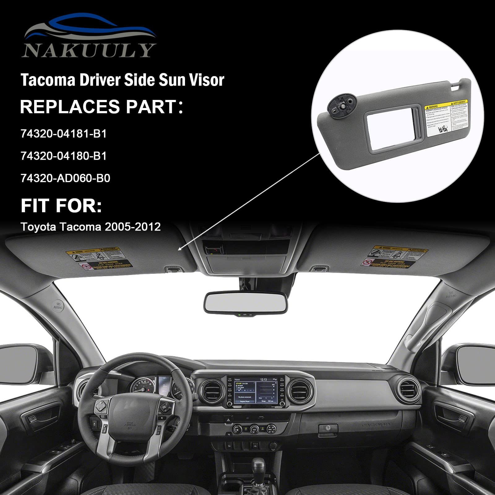 Left Driver Side Sun Visor Gray Without Sunroof Compatible with Toyota Tacoma 2005 2006 2007 2008 2009 2010 2011 2012 Replaces # 74320-04181-B1