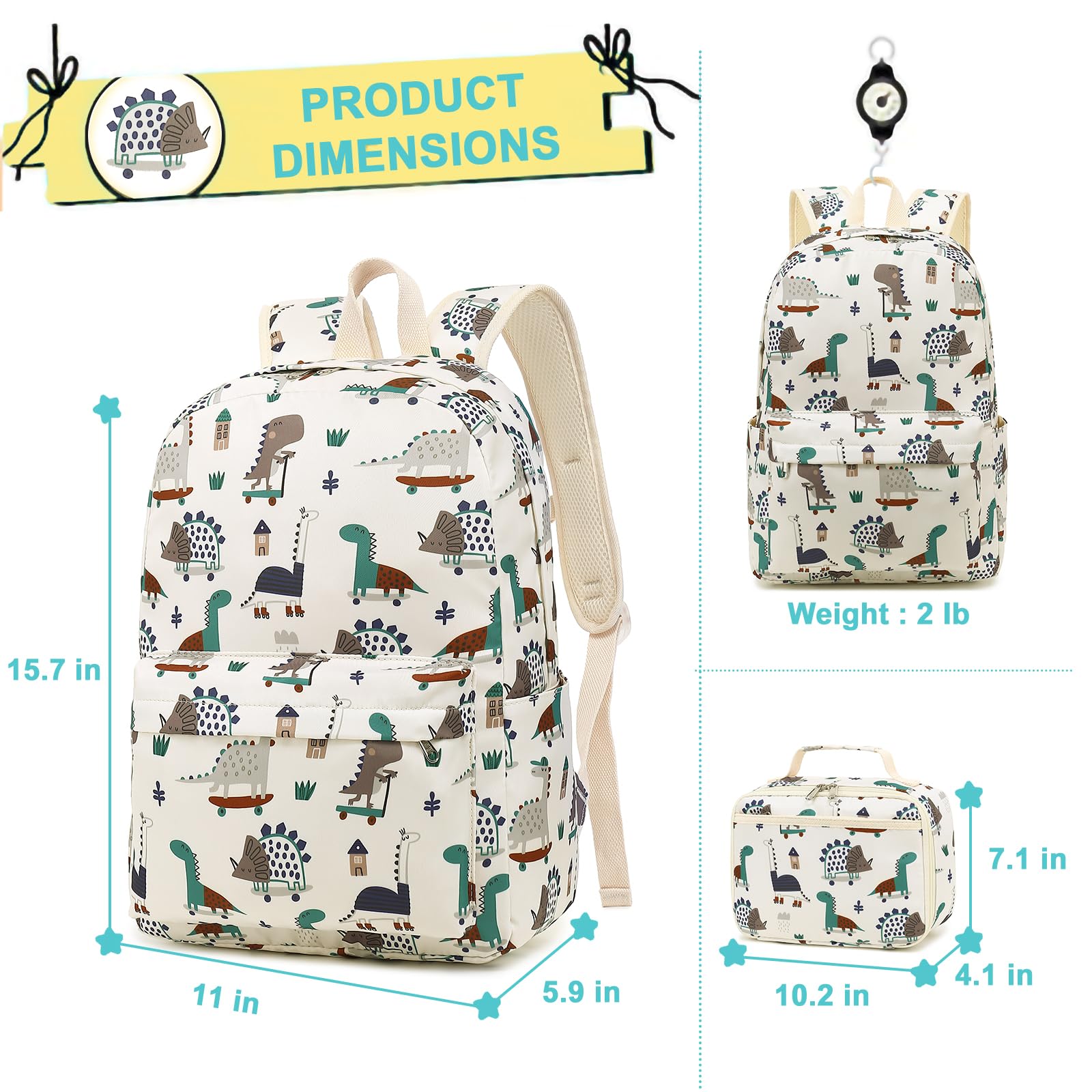 LEDAOU Kids School Backpack with Lunch Box for Boy Kindergarten BookBag School Bag Preschool Kindergarten Toddler Backpack (Dinosaur Beige)