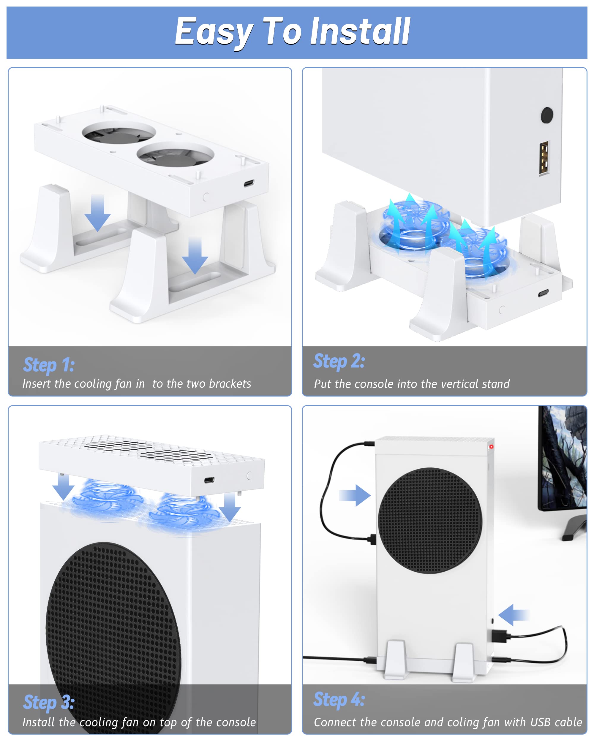 Narati Cooling Stand for Xbox Series S, Cooling Dock Cooler System, Four Cooling Fan for Top and Bottom, 3 Level Fan Speed 2300/2800/3200RPM with LED Indicator and 4 Extra USB Ports, Low Noise