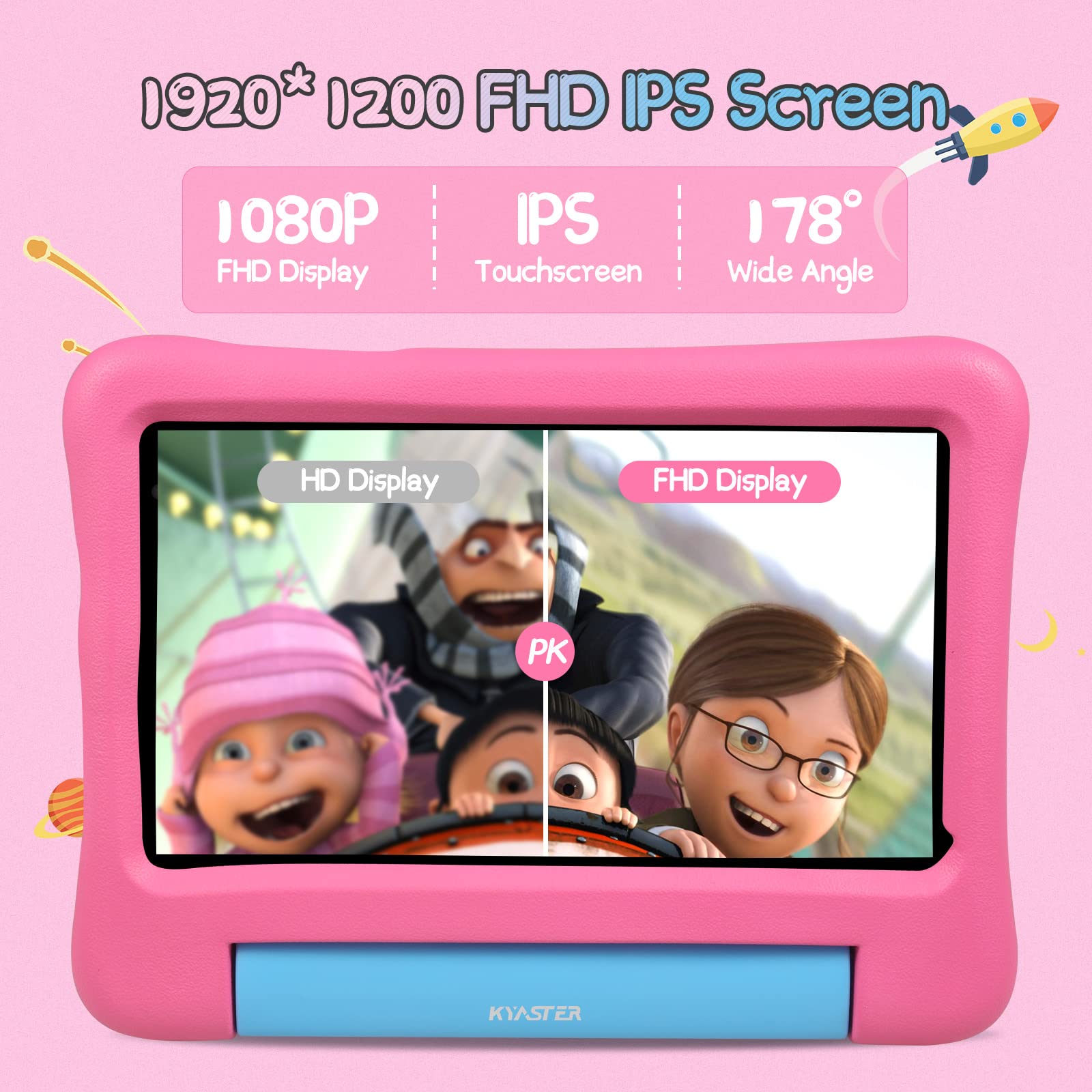 KYASTER Kids Tablet, Toddler Tablets,7 inch 5G WiFi 6 Android 12, Full HD 1920x1200 IPS Screen, 2GB RAM 32GB ROM,Parental Controls for Learning Gaming,EVA Kids-Proof Case with Stylus
