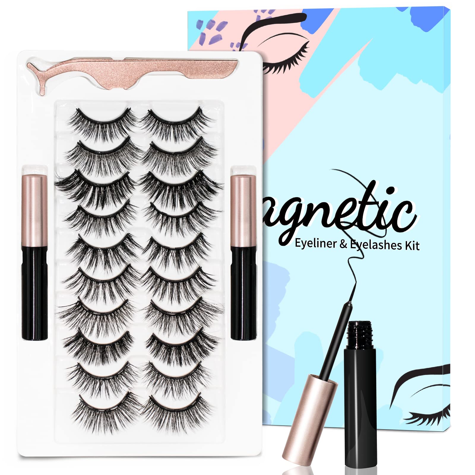 Magnetic Eyelashes Kit,Reusable Magnetic lashes Natural Look and Long Lasting,10 Pairs Lightweight False Eyelashes with Eyeliner&Tweezers, Easy to Wear, No Glue Needed …