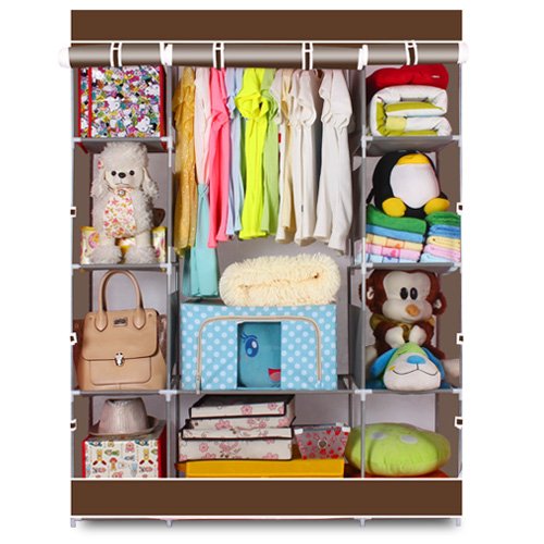 Knocbel Freestanding Closet Organizer Clothes Wardrobe Garment Rack Dustproof Non-Woven Cover with Storage Shelves, 49.6" L x 17.7" W x 64.5" H (Coffee)