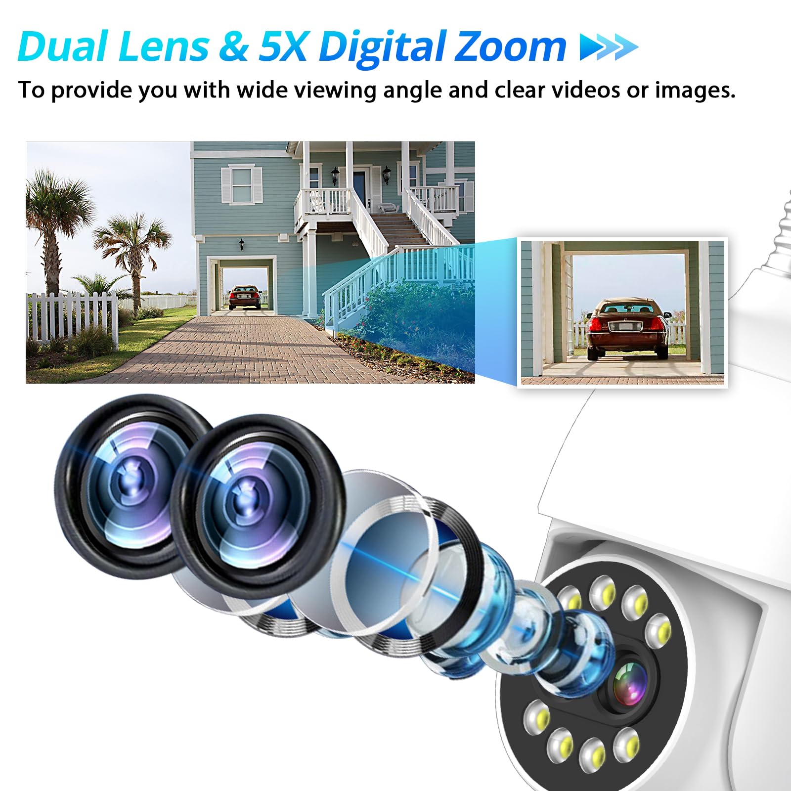 KERUI Upgraded Light Bulb Security Camera, 5X Zoom Dual Lens 4MP Wireless Cameras Indoor Outdoor, 2.4Ghz WiFi Light Bulb Camera with Color Night Vision, Motion Detection, Two Way Talk and Phone APP