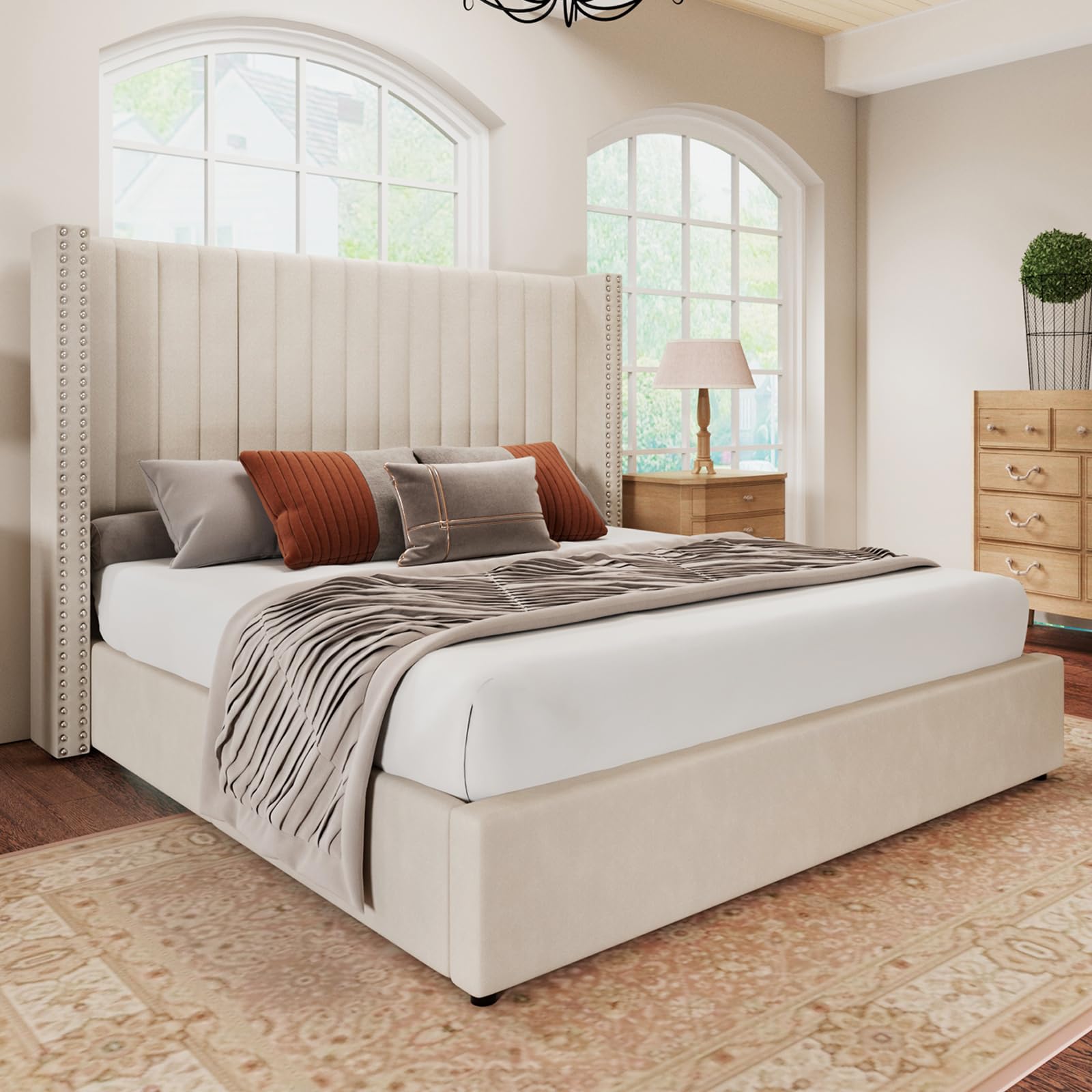 Jocisland Lift up Storage Bed Frame King Size, Upholstered Platform Bed Velvet with Channel Tufted Wingback Headboard, No Box Spring Needed, Cream