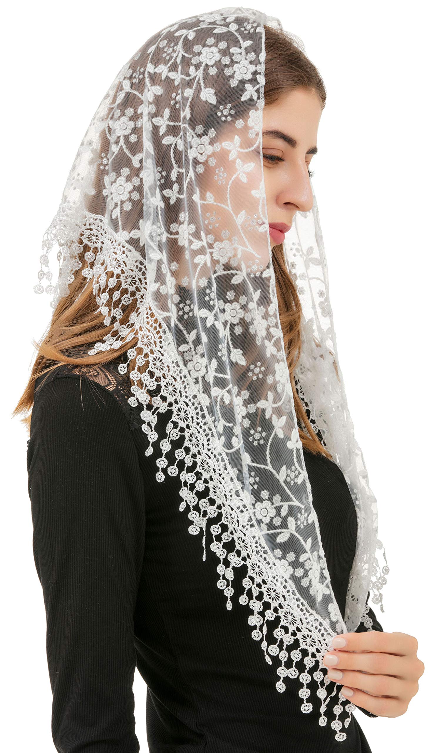PAMOR Triangle Lace Veil Mantilla Cathedral Head Covering Chapel Veil for Mass Wedding Bridesmaids (White)