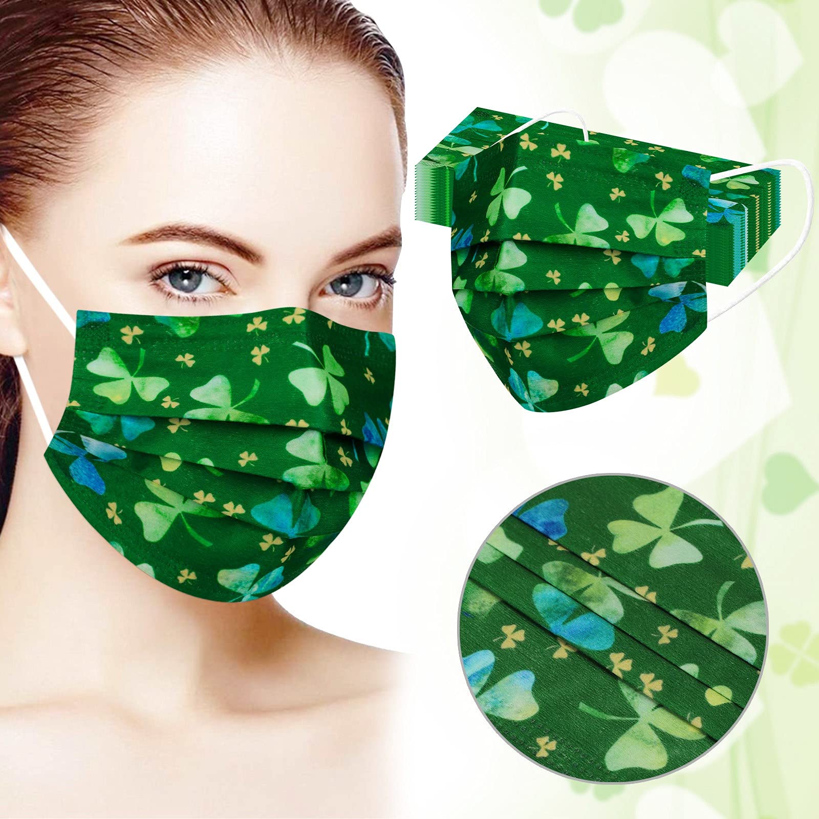 Rvikurc 50PC St.Patrick's Day Masks Disposable for Adult,3 Ply Facemasks with Green Shamrocks Gnome Designs,Holiday Facemask Outdoor
