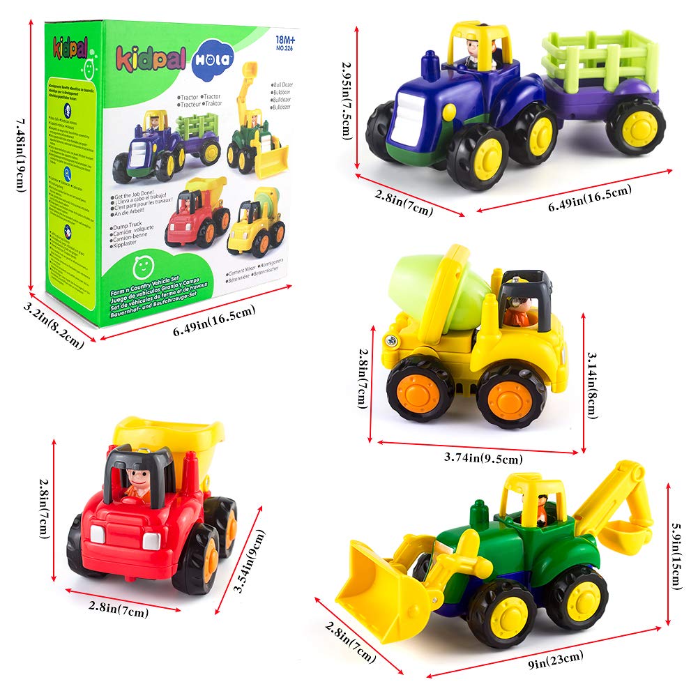 Kidpal Car Toys for 1 2 3 Year Old Boy & Girl, 4 Sets Tractor Toddler Car Toy (B)
