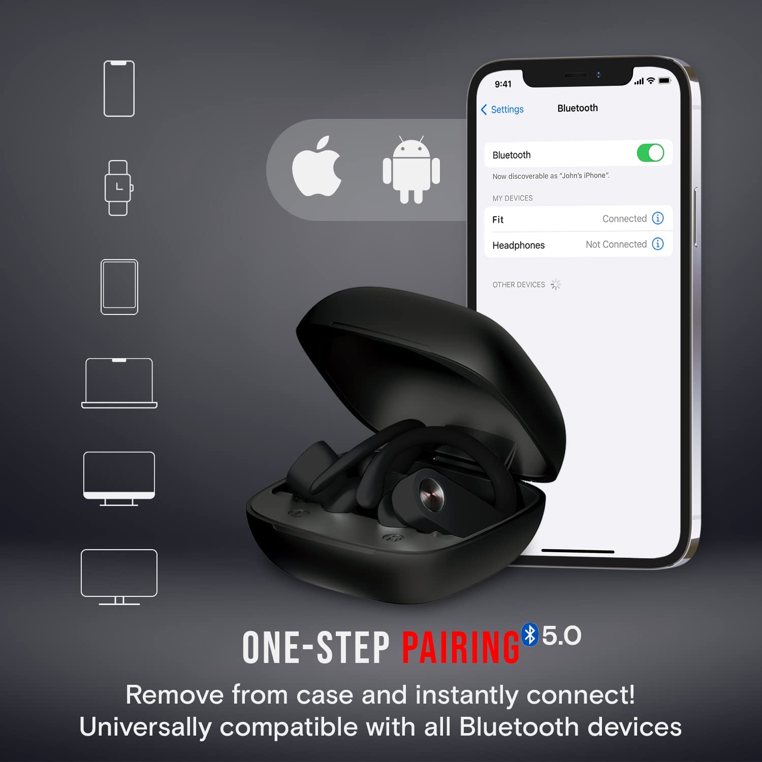 Symphonized Sports Wireless Earbuds - Water Resistant Bluetooth Headphones with Microphone, Earhooks and LED Charging Display, Black