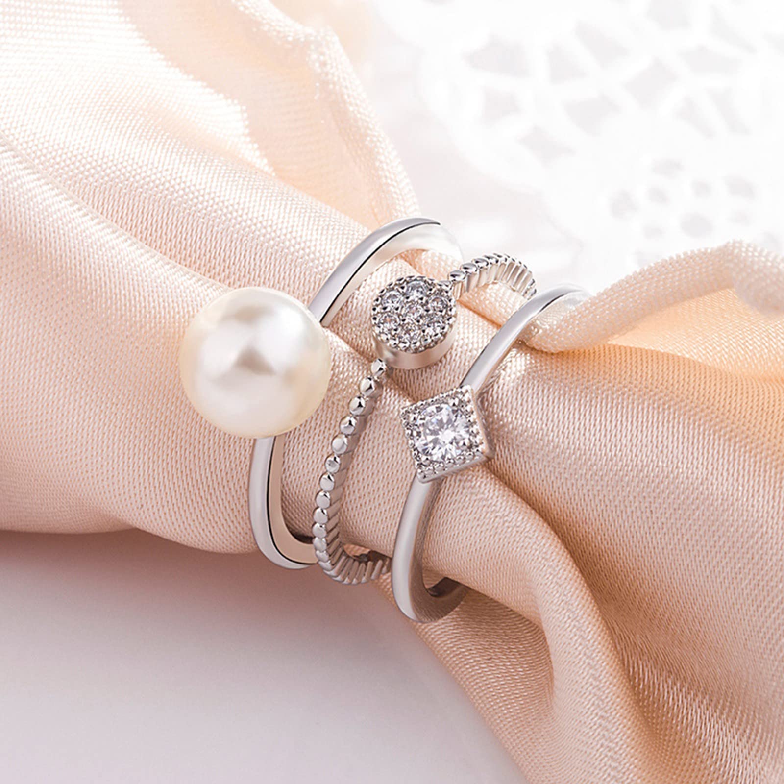 Outsta Toys Women Pearl Ring,925 Sterling Silver Cubic Zirconia Ring Opening One Size Wedding Rings Sliver Ring-114