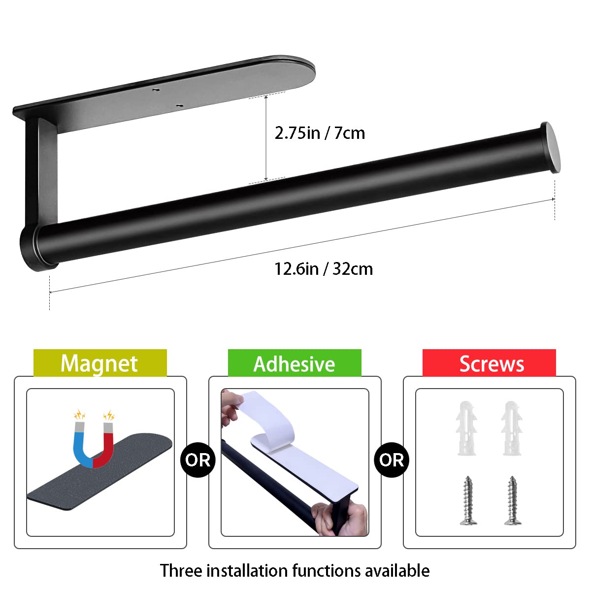 Magnetic Paper Towel Holder, OBODING, 3-in-1 Multifunctional Black Kitchen Paper Towel Holders with Strong Magnetic Backing, for Kitchen, Refrigerator, Grill, Garage, Toolbox, RV (Black)