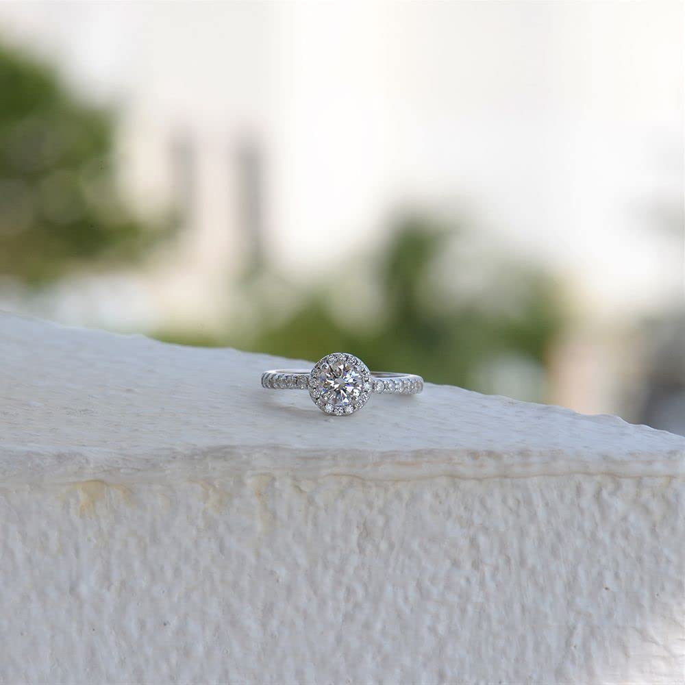 LEMON GRASS 1.22 Ct Round Halo Diamond Engagement Ring with Pave Band in Sterling Silver Clear Cubic Zirconia Stone Size 8