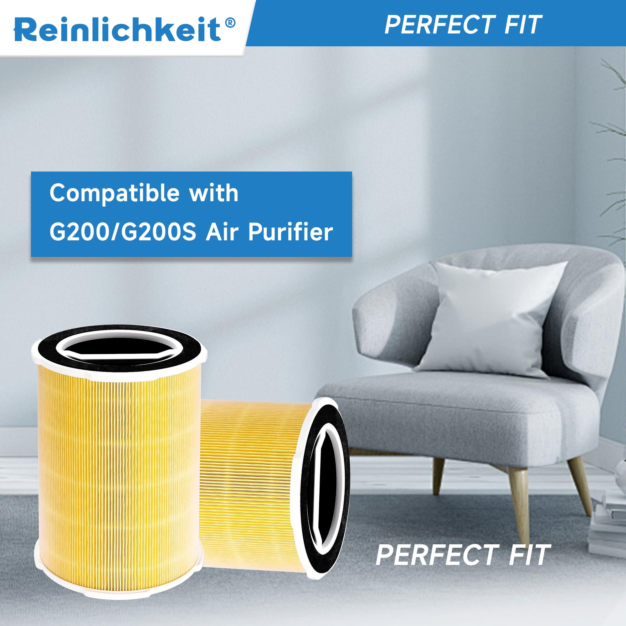 Reinlichkeit G200,G200S Air Purifier Replacement Filter, Fit for G200S,G200 Air Purifier, 3-in-1 H13 Ture HEPA and Activated Carbon Air Filter, 2 Pack, Yellow