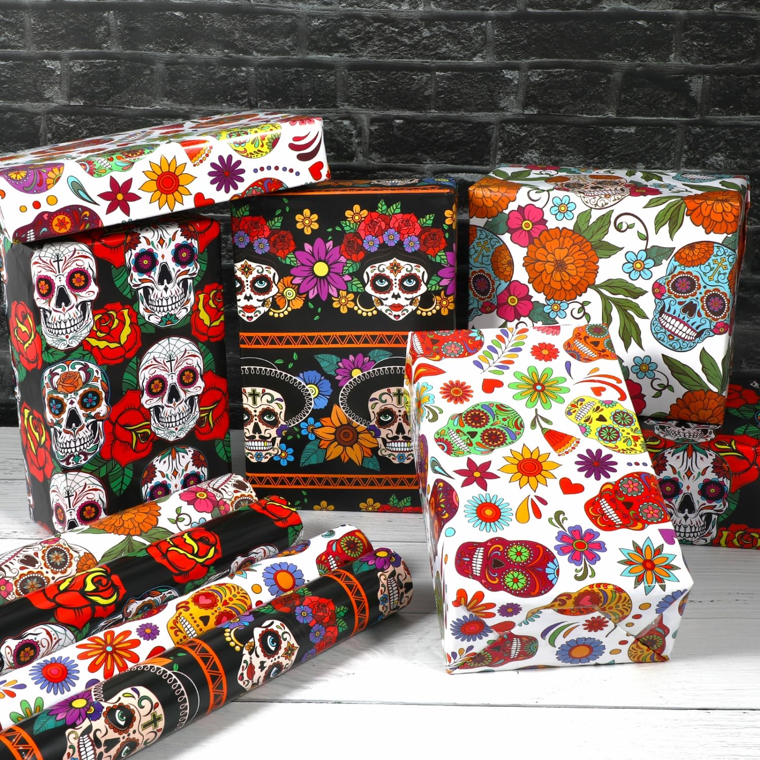 YVAINE ββββββ12 Sheets Day of the Dead Wrapping Paper Mexican Sugar Skull Wrapping Paper Folded Flat Art Paper for Dia De Los Muertos Halloween Birthday Party, ββββ20 x 27 Inches