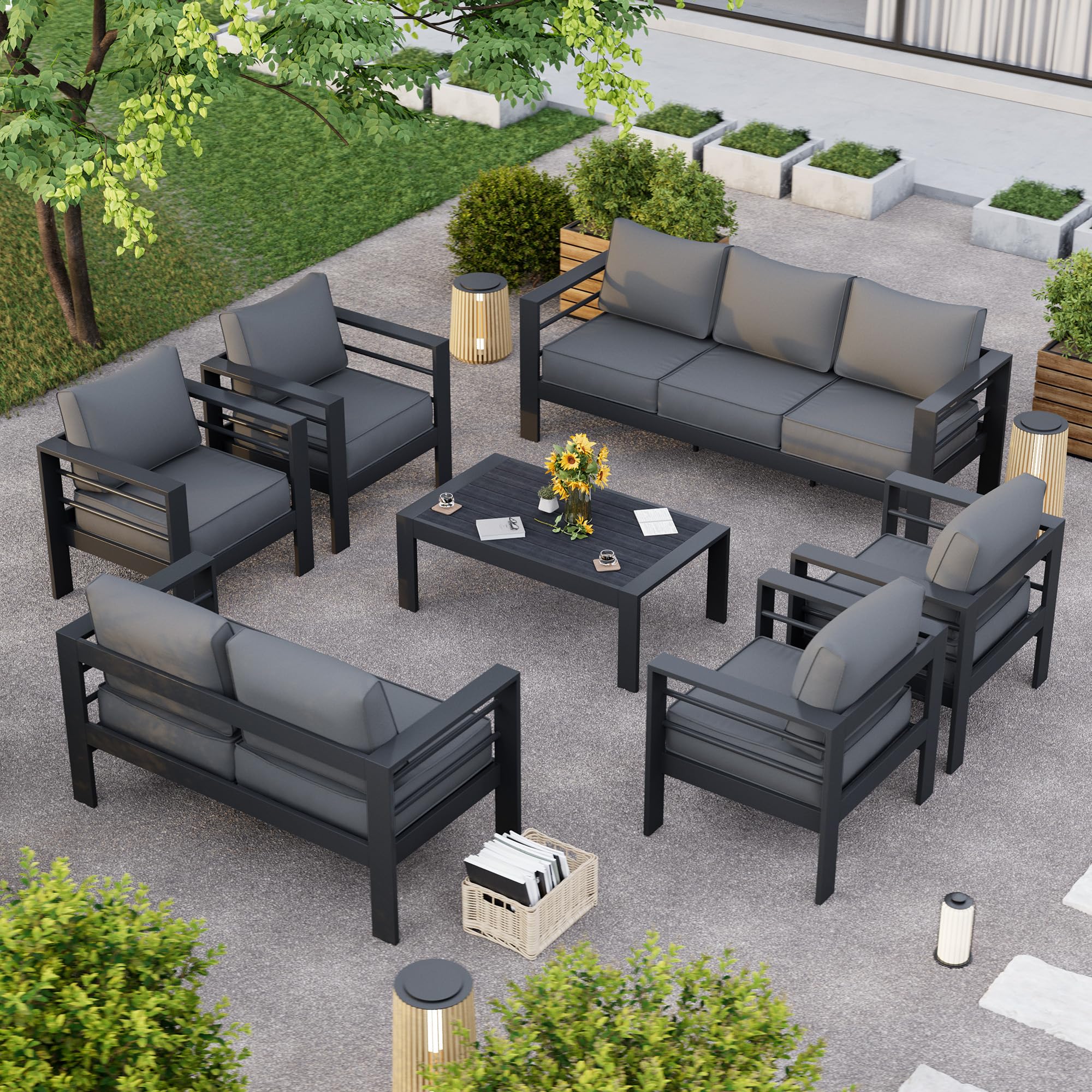 VONZOY Aluminum Patio Furniture Set, 10 Piece Metal Outdoor Furniture Set, Patio Furniture Set with Waterproof Covers for Backyard Garden(Grey)