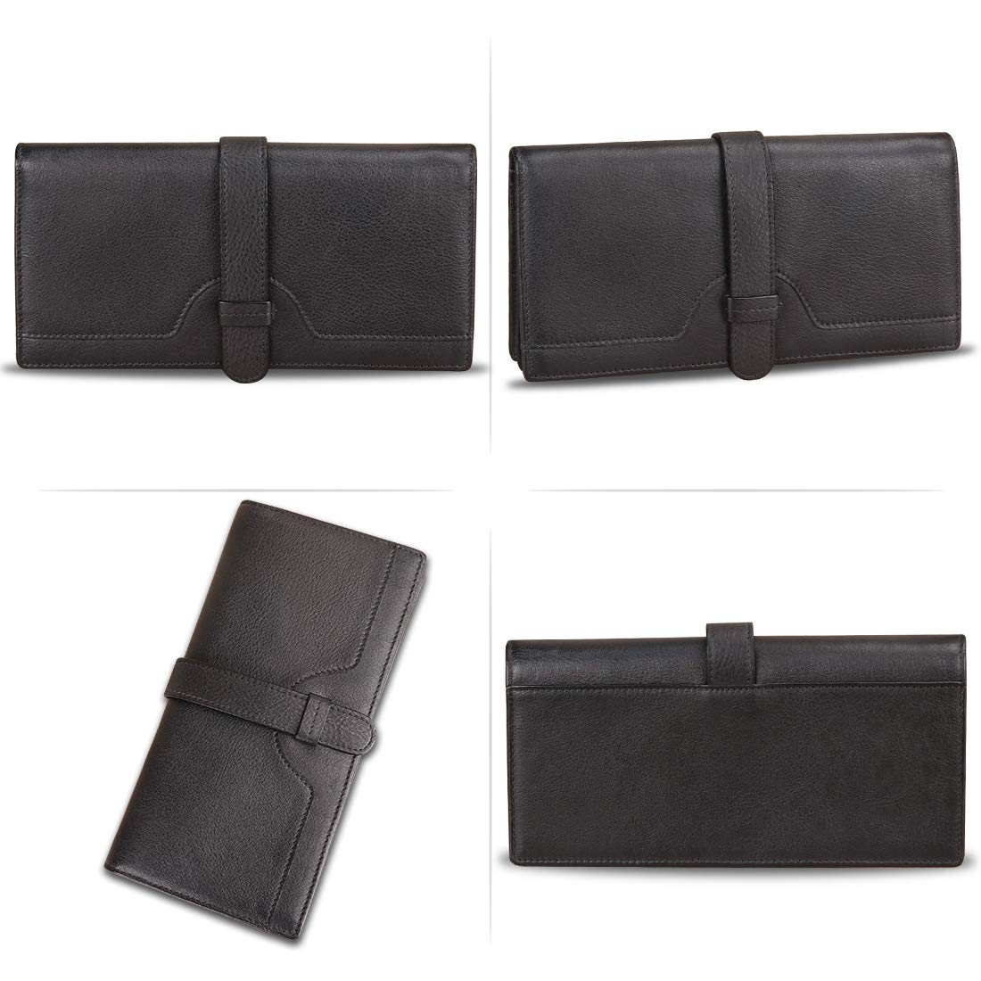LRTO Genuine Leather Purse Wallet for Women RFID-Blocking Retro Handmade Clutch Wallets Money Clip Card Organizer (Black)