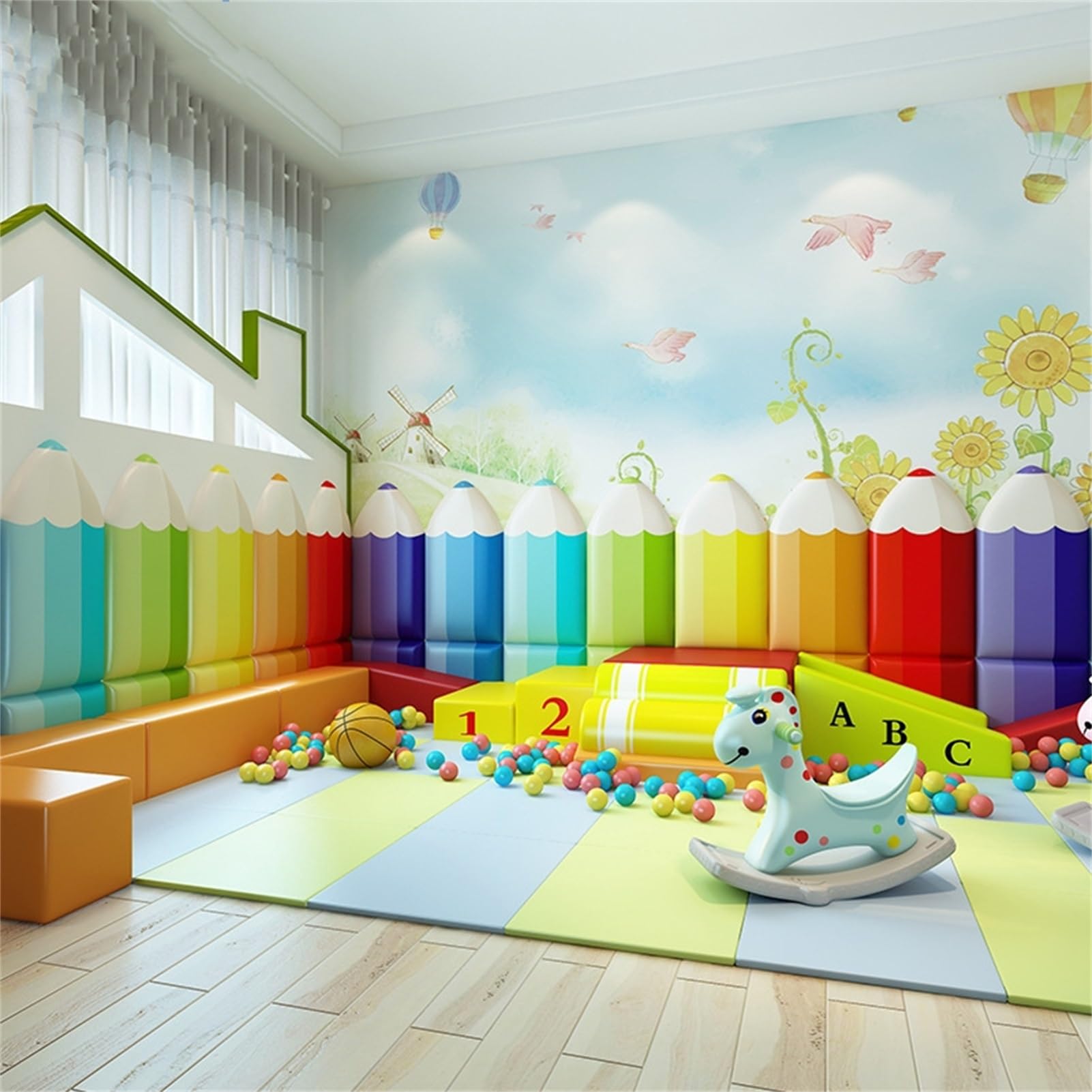Kids Anti-Collision Wall Stickers, Pencil Shape Cartoon Wall Sticker, 3D Self Adhesive Foam Wall Panels, Bedside Protective Wall Padding, Waterproof Soft Wall Padding for Living Room Bedroom (Color :