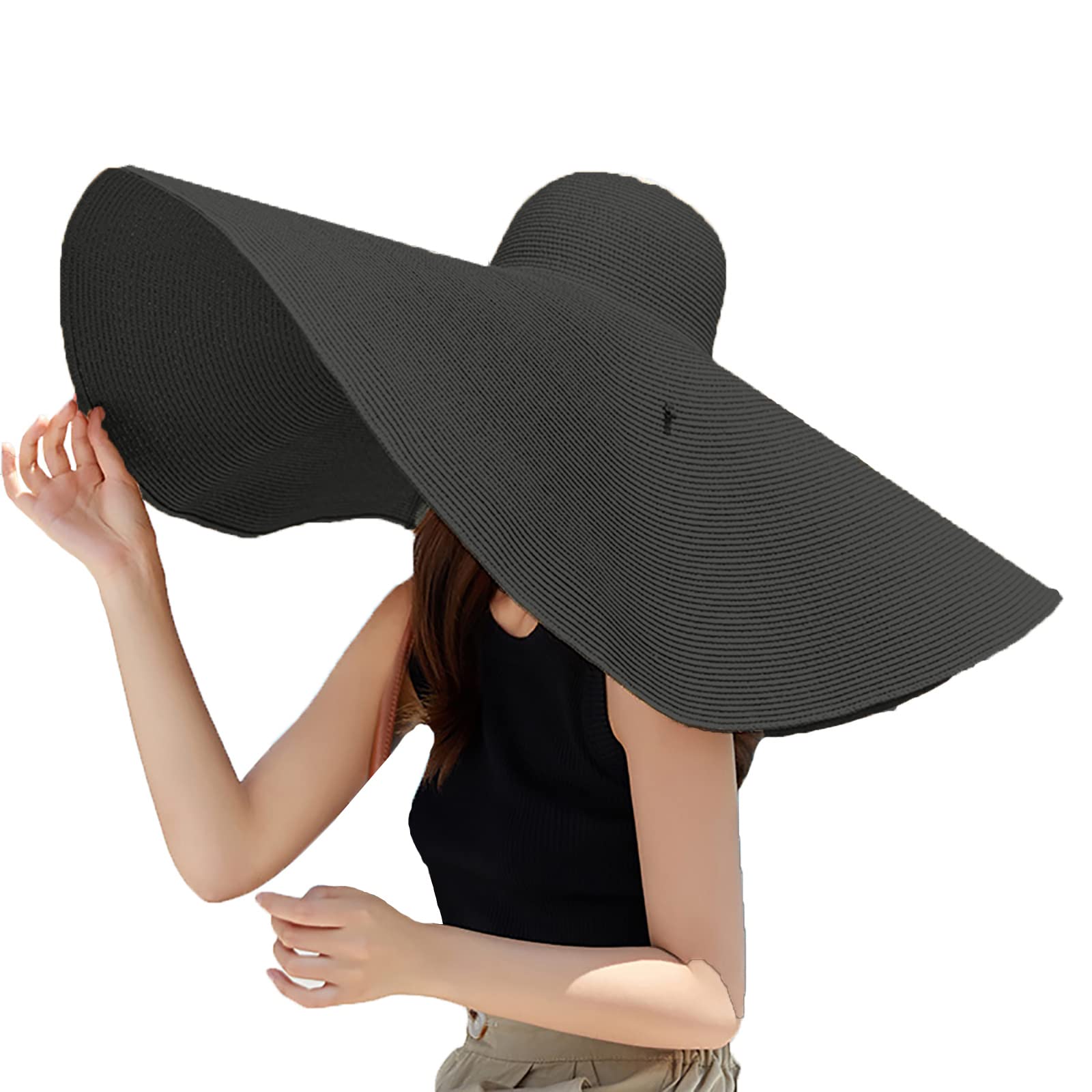 MoonWang Oversized Beach Straw Hats for Women Extra Large Wide Brim Beach Hat Foldable Roll up Floppy Sun Hat Summer Outdoor UV Protection (Black)