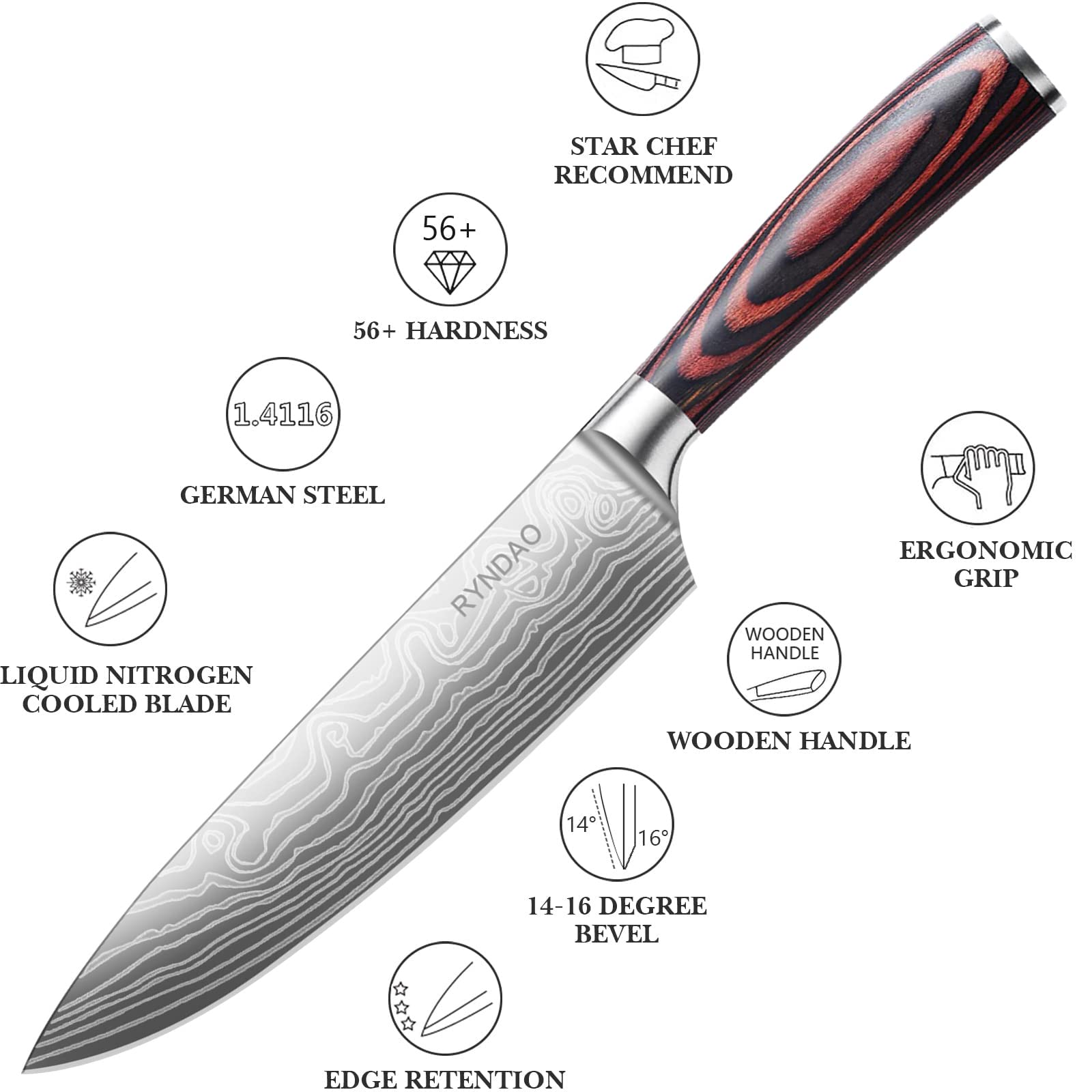 RYNDAO Chef Knife, 8 inch Professional Kitchen Knife, High Carbon Stainless Steel Sharp Chef's Knife with Ergonomic Handle and Gift Box for Family & Restaurant