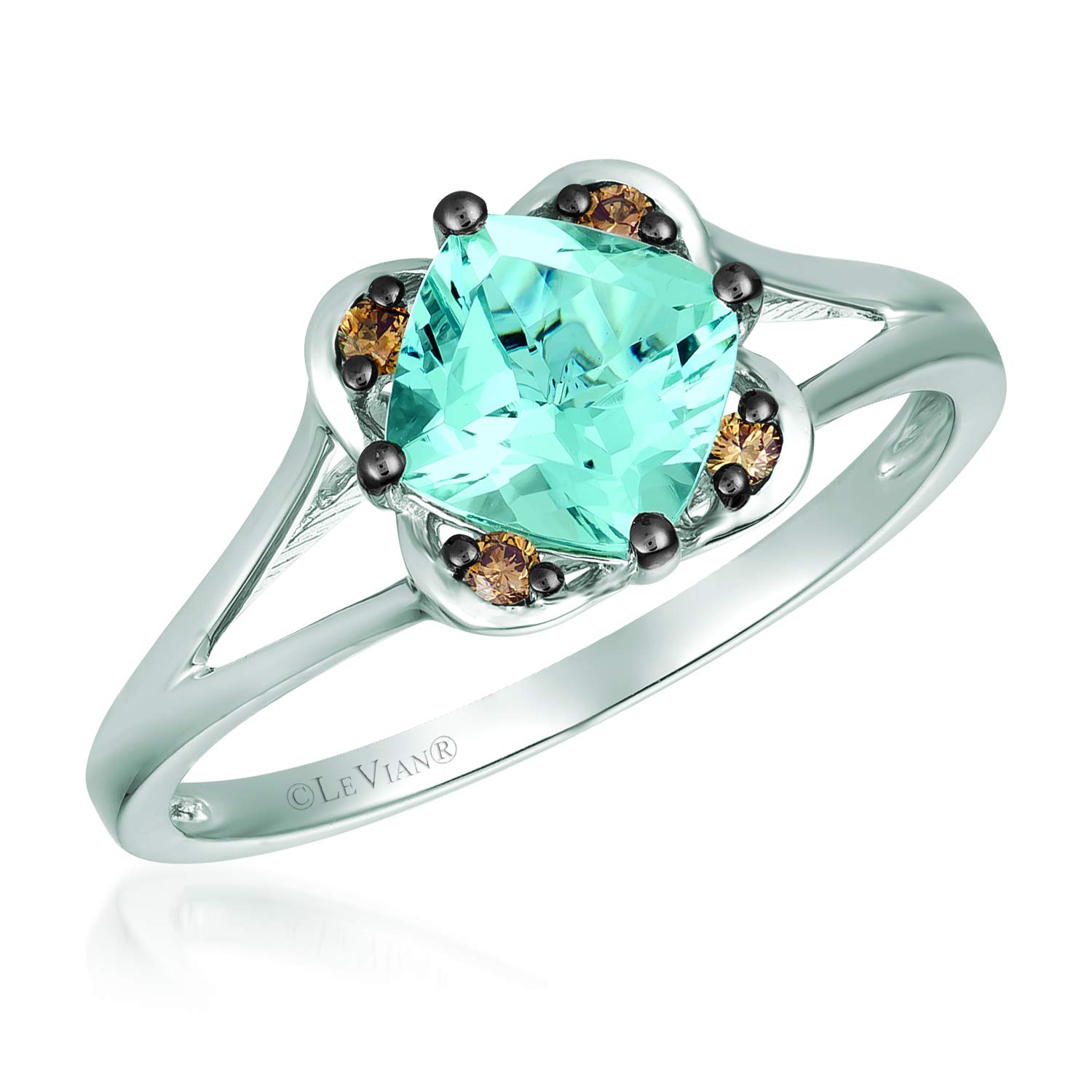 LE VIAN 14K White Gold, Cushion-Cut Aquamarine & Chocolate Diamond Accented Split-shank Ring (Fancy Brown Color, SI1-SI2 Clarity) - Size 6-1/4