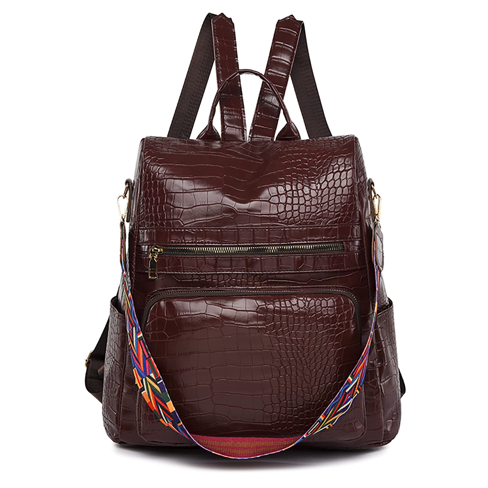 PIDOIM Crocodile Pattern Backpack Purse for Women PU Leather Multipurpose Design Travel Bag Fashion Handbags Shoulder Bag Gift-Reddish Brown