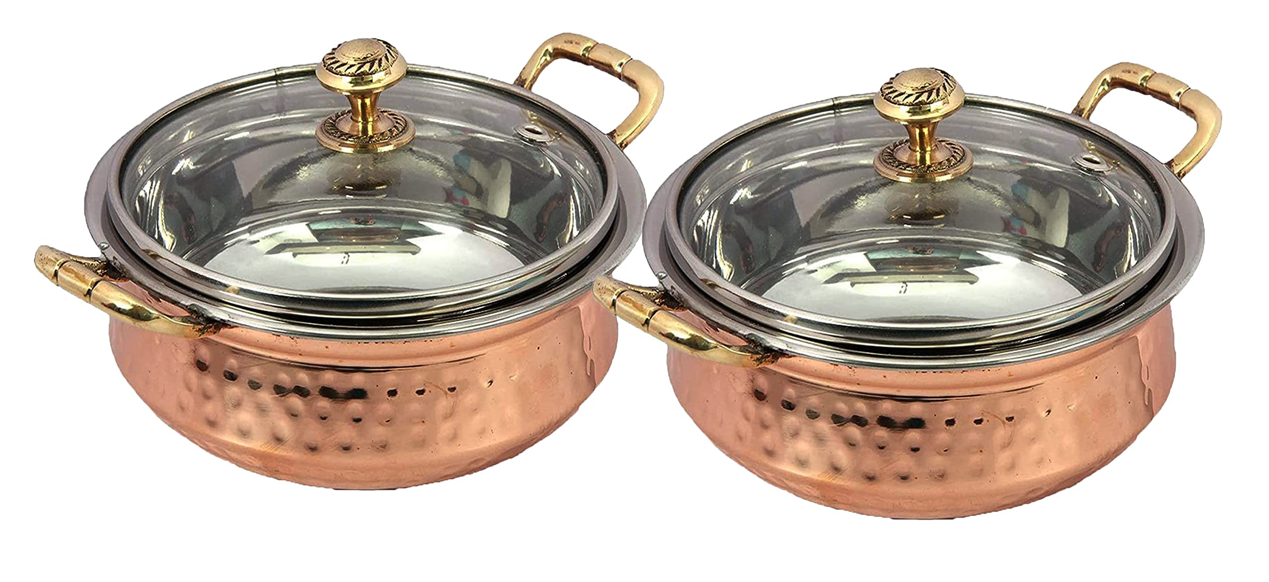 PARIJAT HANDICRAFT Indian Hammered Copper Serving Bowl for Food Soup with Handle and Glass Lid Decorative Small Seveware Pack of 6