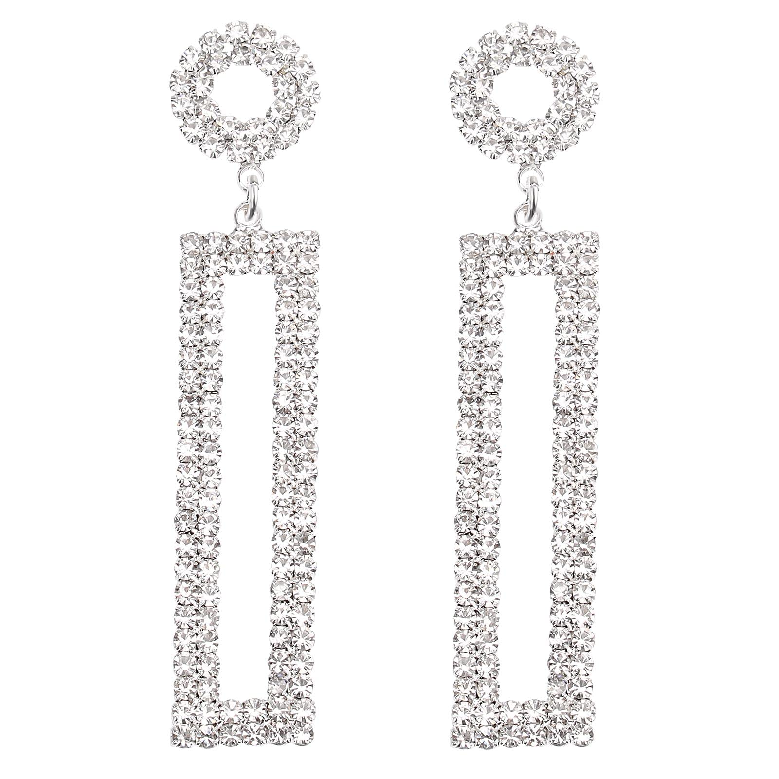 Legitta Rhinestone Long Drop Earrings Silver Cubic Zirconia Sparkly Statement Rectangle Dangle with Circle Studs for Women Wedding Jewelry