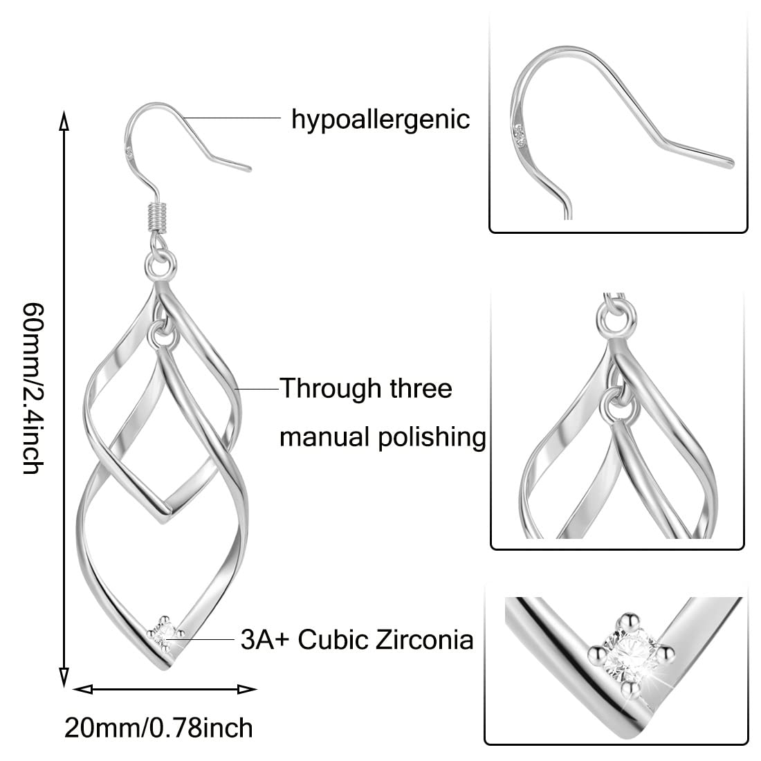 Met-edianger Silver Statement Dangle Earrings Linear Swirl Wire Earrings Twist Drop Earring Infinity Earrings for Women (Silver Dangle Earrings)