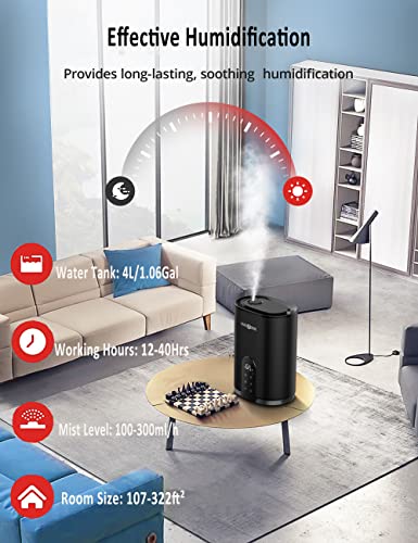 PARIS RHÔNE Humidifiers for Bedroom, 4L Cool Mist Humidifiers for Home Large Room, Ultrasonic Top Fill Humidifier with Humidistat, Essential Oils Diffuser, 30H, 28dB Quiet,12H timer, Night Light