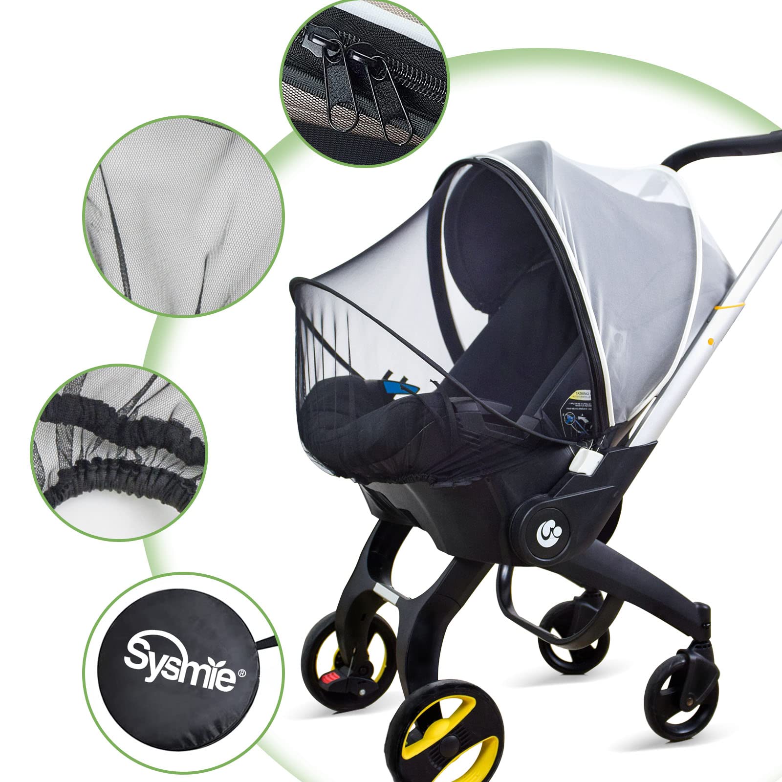 Sysmie Car Seat Mosquito Net Cover, Mosquito Net for Stroller, Sun Shade for Strollers Easy to Open and ClosDouble Zipper Design, Easy Use for Strollers, Car seat,Bassinet,Cradle (Black/White)