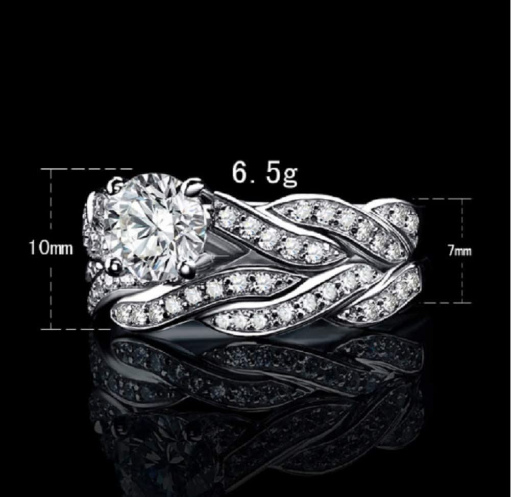 LRGKMCWTOB 2-in-1 Womens 925 Solid Sterling Silver Matching Bridal Set Wedding Engagement Rings Clear Round Cubic Zirconia Engagement Promise Bridal Silver Band Fashion Cute (US 7)