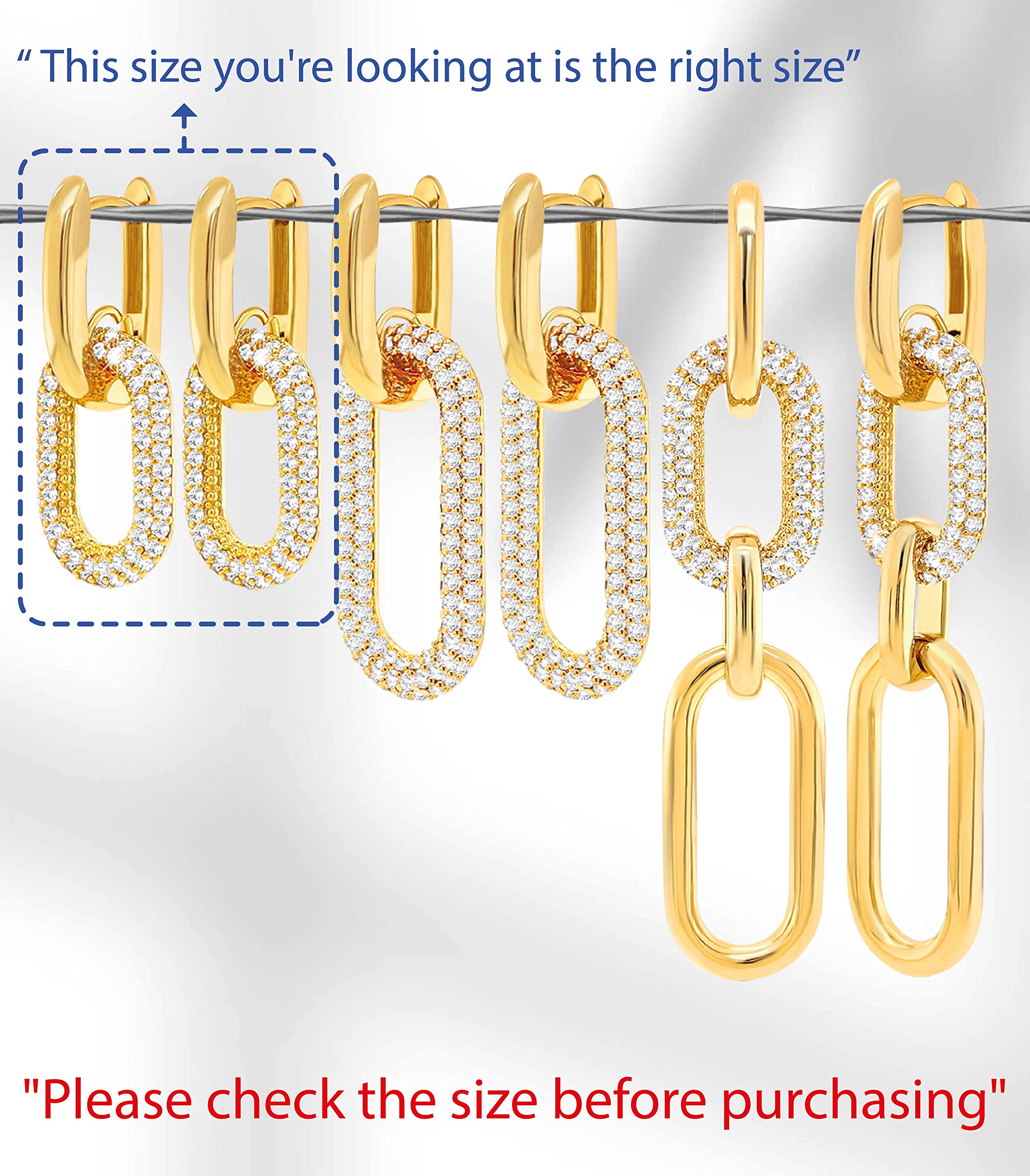 OZEL – CZ Chain Link Dangle Earrings for Women with Cubic Zirconia Stones – 14k Yellow Gold or White Gold Plated Square Oval Round U Shape (G3C0807-1)