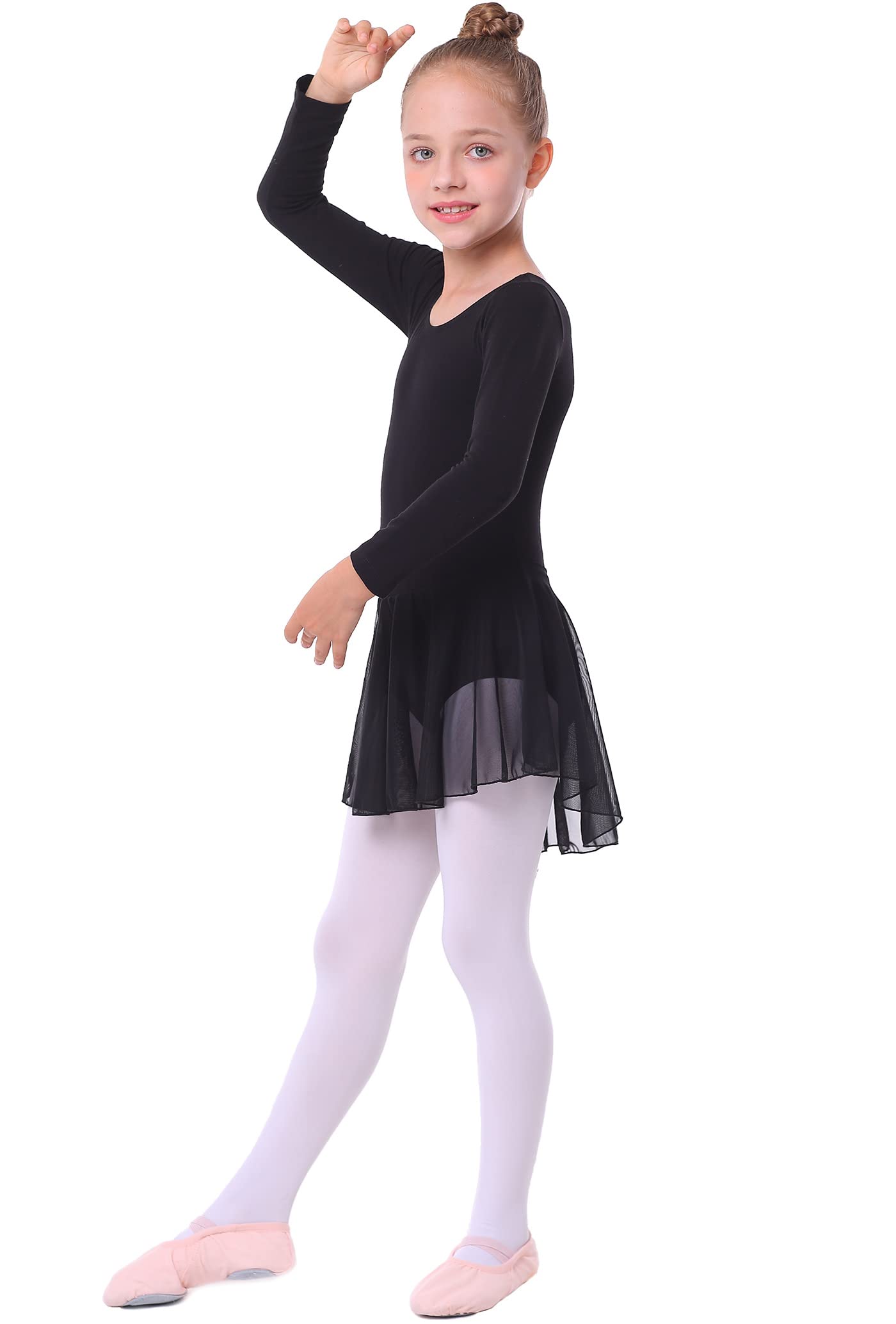 MdnMd Long Sleeve Dance Leotard Ballet Dress Clothes for Ballerina Girls (Age 6-8, Black)