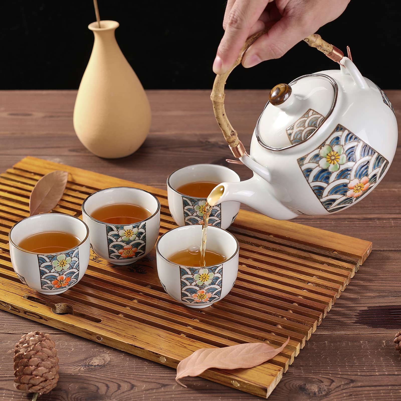 Junrutc Japanese Tea Set, Pottery Teapot Set of 5, 1 Teapot 4 Tea Cups 1 Stainless Infuser Cute Asian Tea Set for Tea Lover/Women/Men (25 oz)