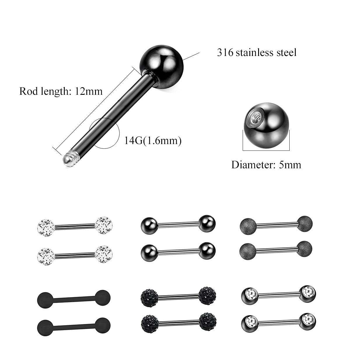 Oyalma 12PCS Industrial Barbell Ring 14G Tongue Nipple Bar Piercing Tragus Helix Ear Piercing Body Jewelry - 12mm - A-25532