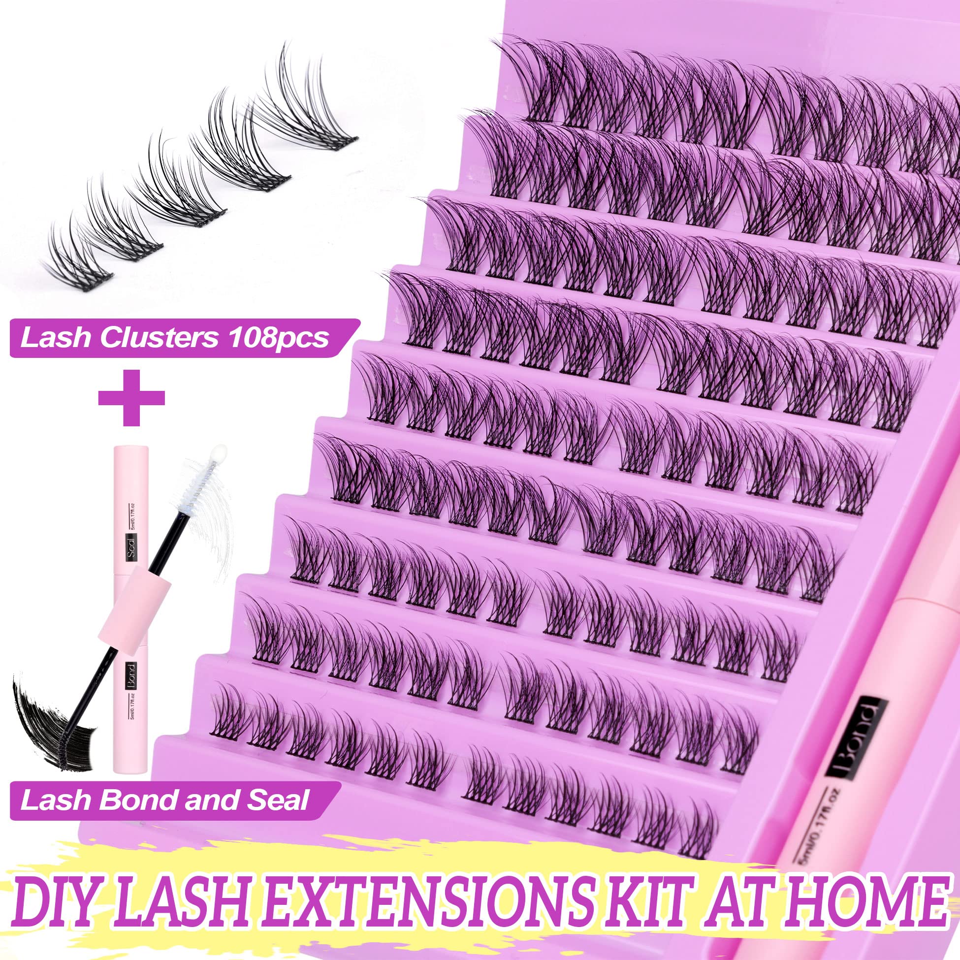 Lash Clusters Kit, DIY Eyelash Extensions Kit, Super Hold Lash Bond and Seal, Cluster Lashes Extensions 8-16mm DIY Individual Lashes Kit Wispy Natural Eyelash Extensions by Newcally