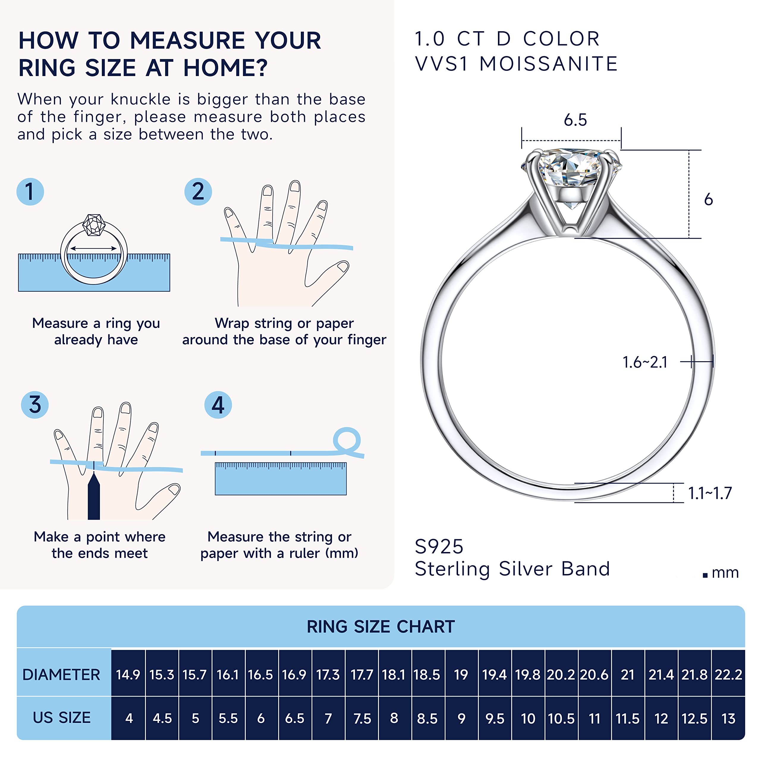 MomentWish Moissanite Wedding Rings 1 CT and Wedding Band 0.15 CT (Size 7)