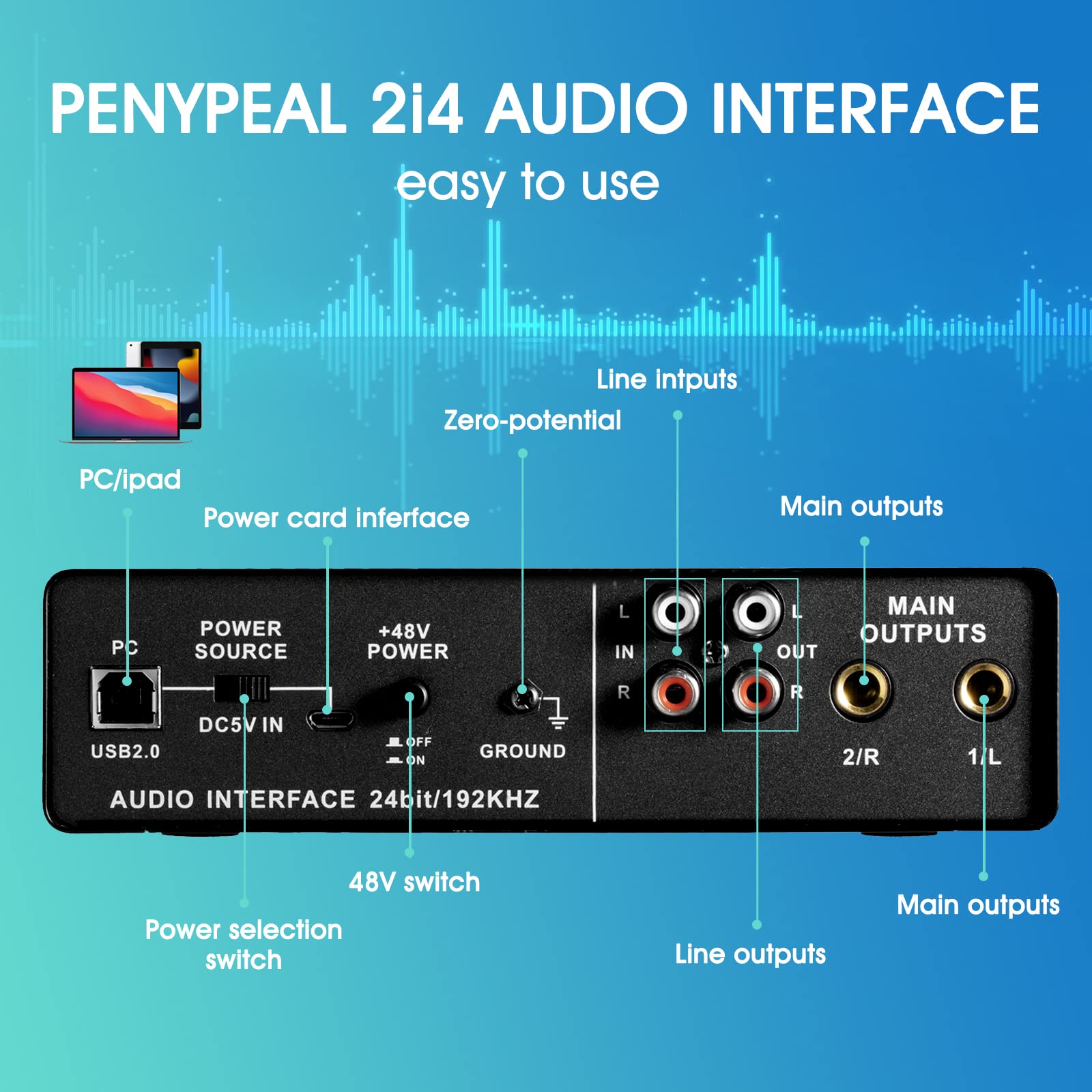 penypeal USB Audio Interface for PC 2-in 4-out with XLR Mic Amplifier,Hi-Z Switch,LOOPBACK,48V Phantom Power,24-bit/192 kHz TRS Balanced Ultra-Low Latency Monitor, Recording, Streaming and Podcasting