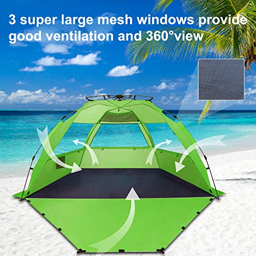 KO-ON Beach Tent Sun Shelter Pop Up XL - Easy Setup Beach Shade for 3-4 Person with UPF 50+ Protection, Extended Floor & 3 Ventilation Windows丨Carrying Bag (Grass Green)