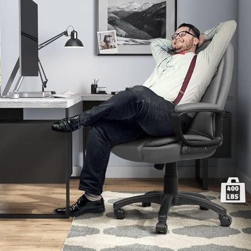 LEMBERI Office Desk Chair, Big and Tall Managerial Executive Chair, High Back Computer Chair, Ergonomic Adjustable Height PU Leather Chairs with Cushions Armrest for Long Time Sitting (Dark Grey)