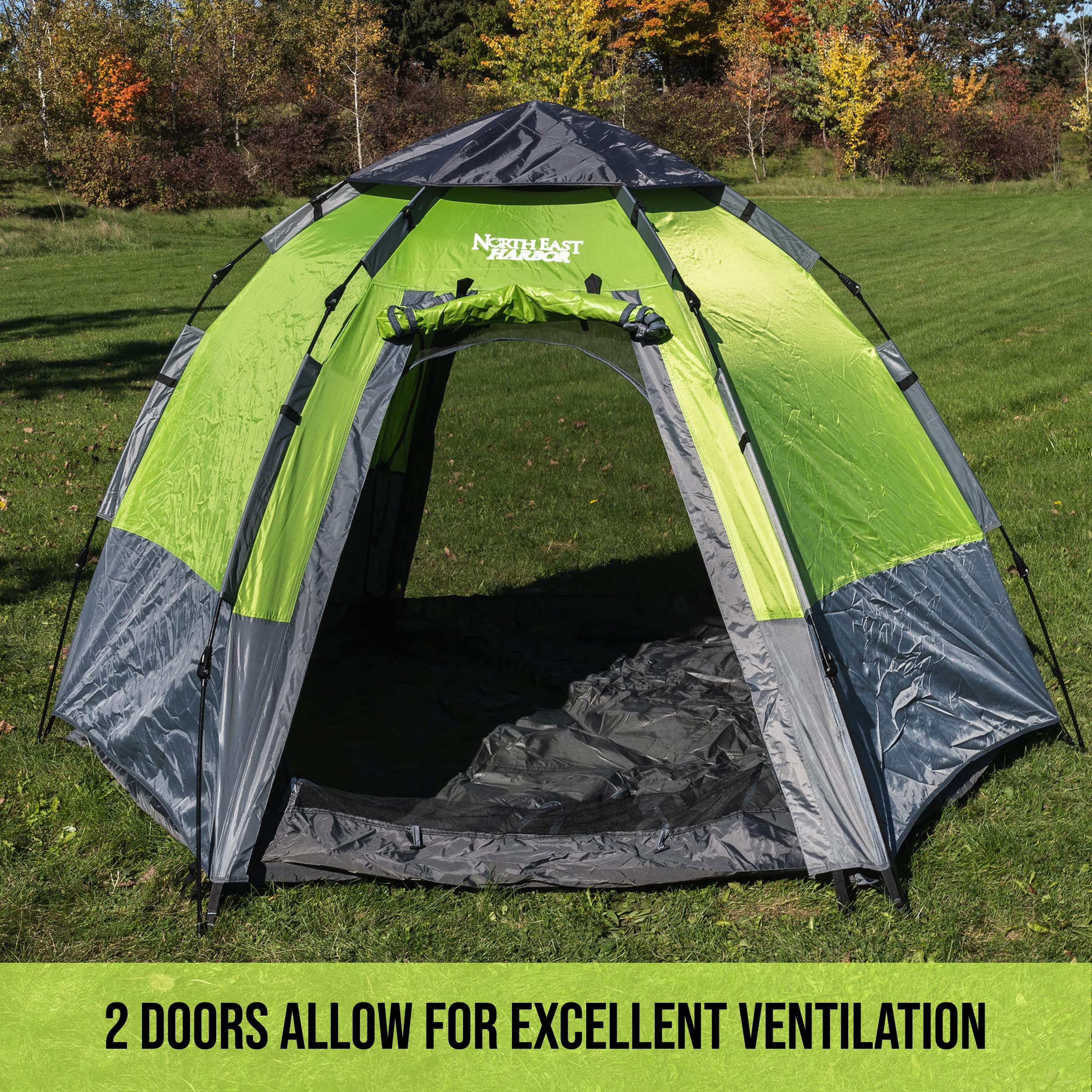 NEH 5 Person Instant Automatic Camping Tent Waterproof Double Layered Fabric, Portable Hexagon Tent with Carry Bag, Green, 8.9'L x 8.9'W x 5.25'H